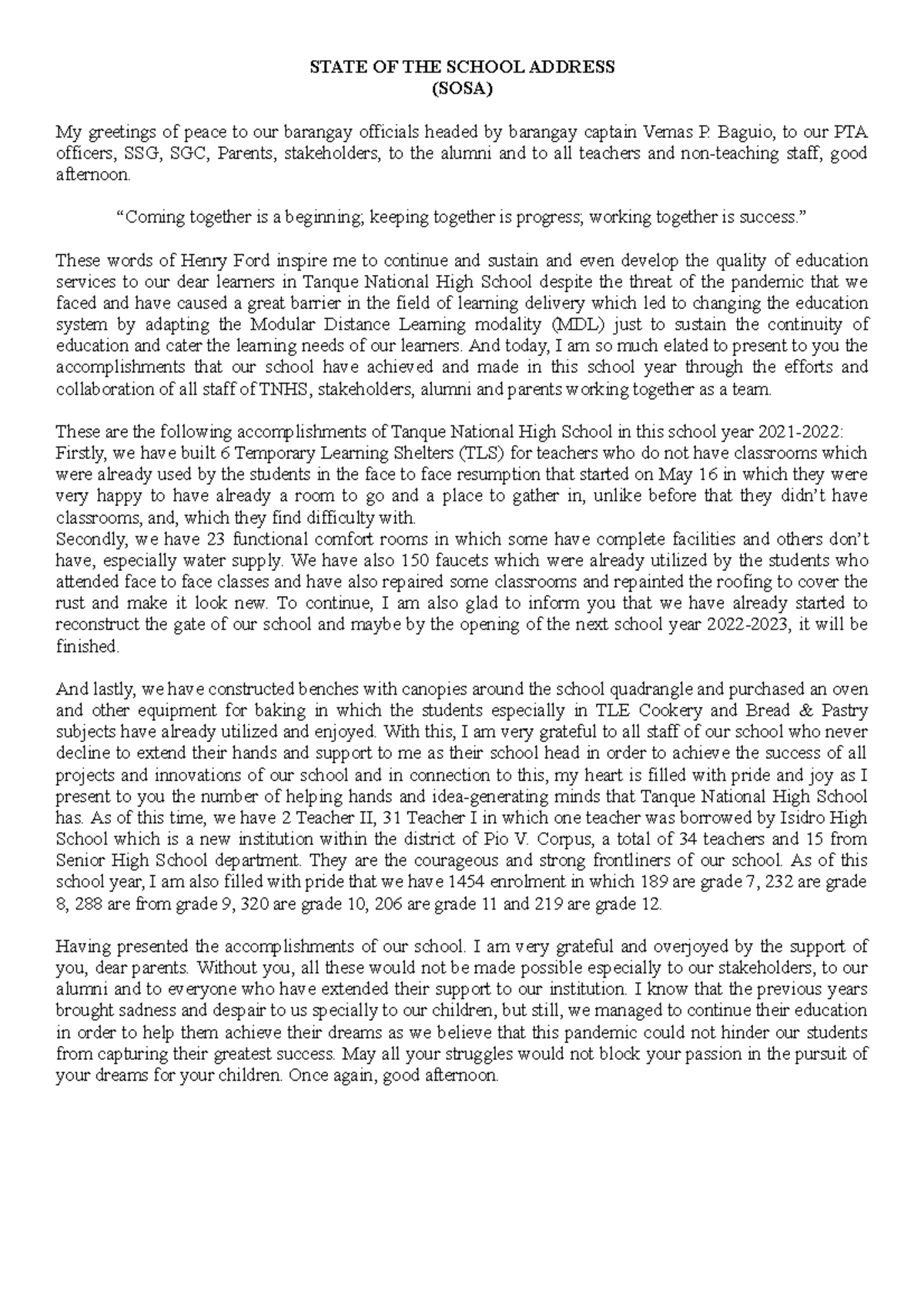 State of the School Address (SOSA) 2021-2022: Achievements Overview ...