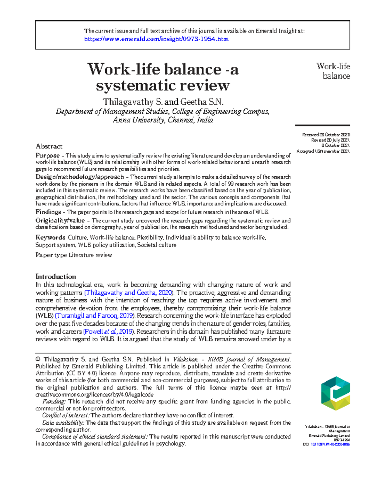 Systematic Review of Work-Life Balance: Gaps and Future Directions (XIM ...
