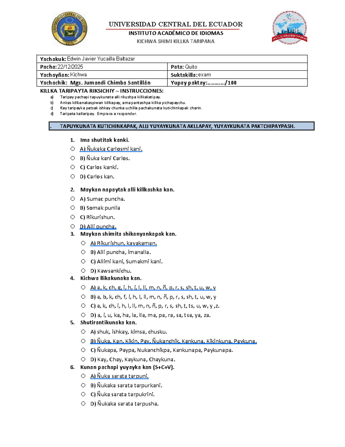 Prueba de Ubicación Kichwa (KILLKA TARIPANA) - Resuelto - Studocu