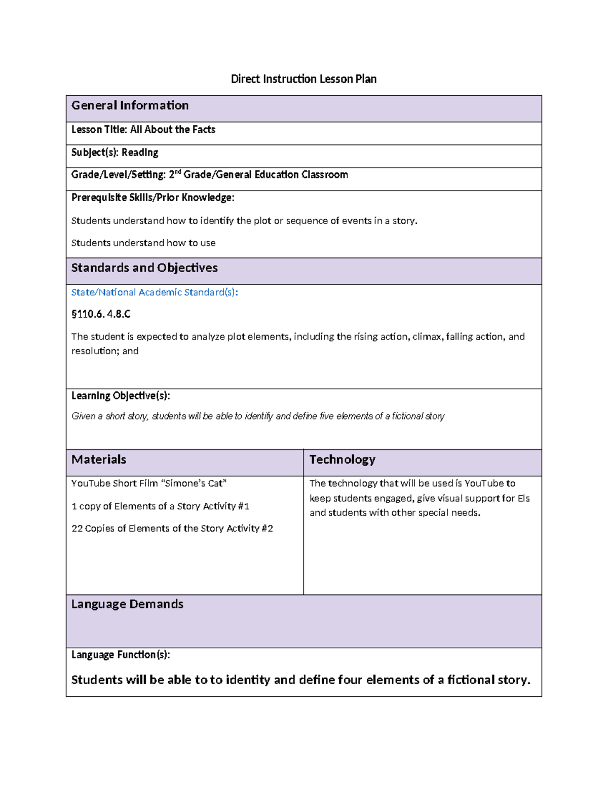 Lesson PLan d091 task 2 - Direct Instruction Lesson Plan General Information Lesson Title: All ...