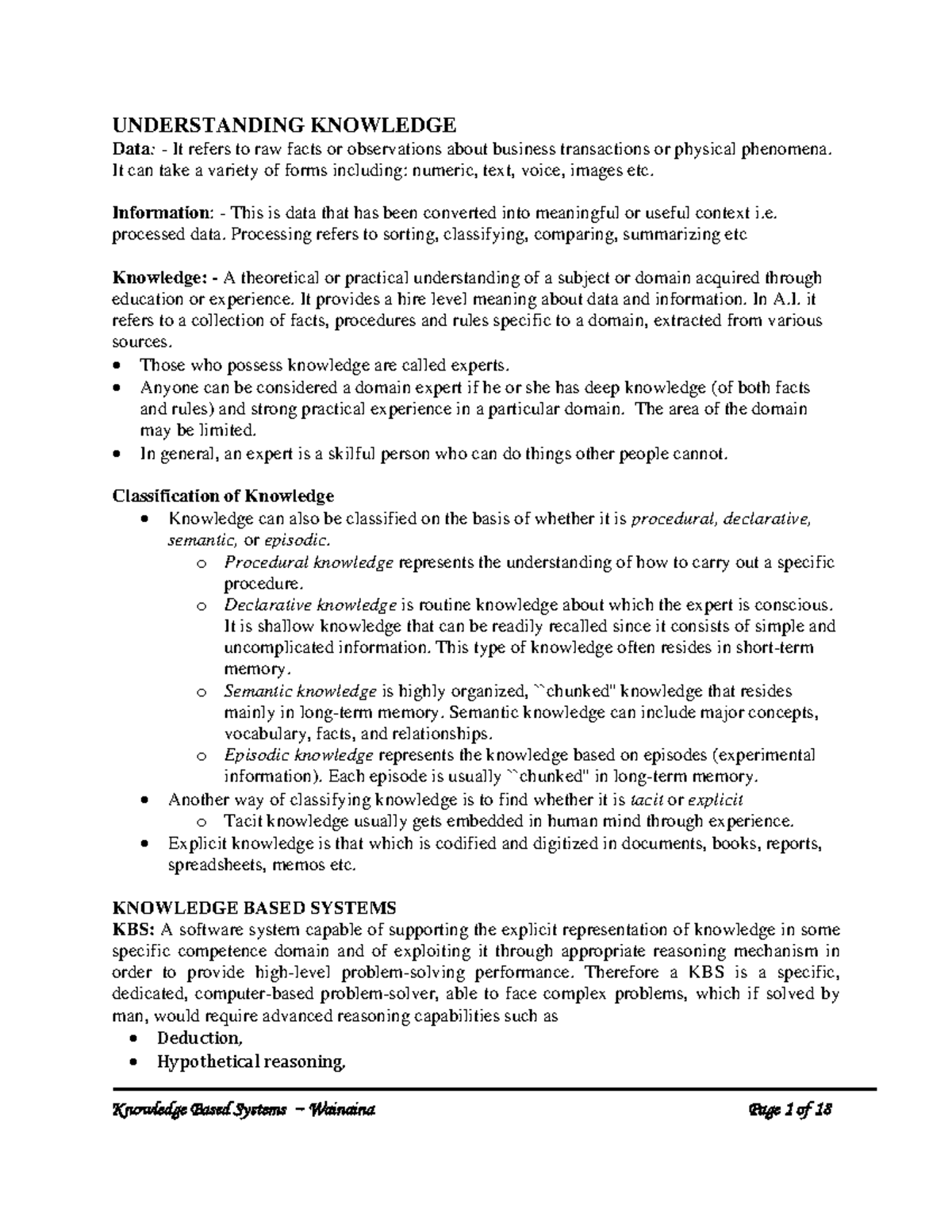 Introduction to KBS and Knowledge Representation (CS101) - Studocu