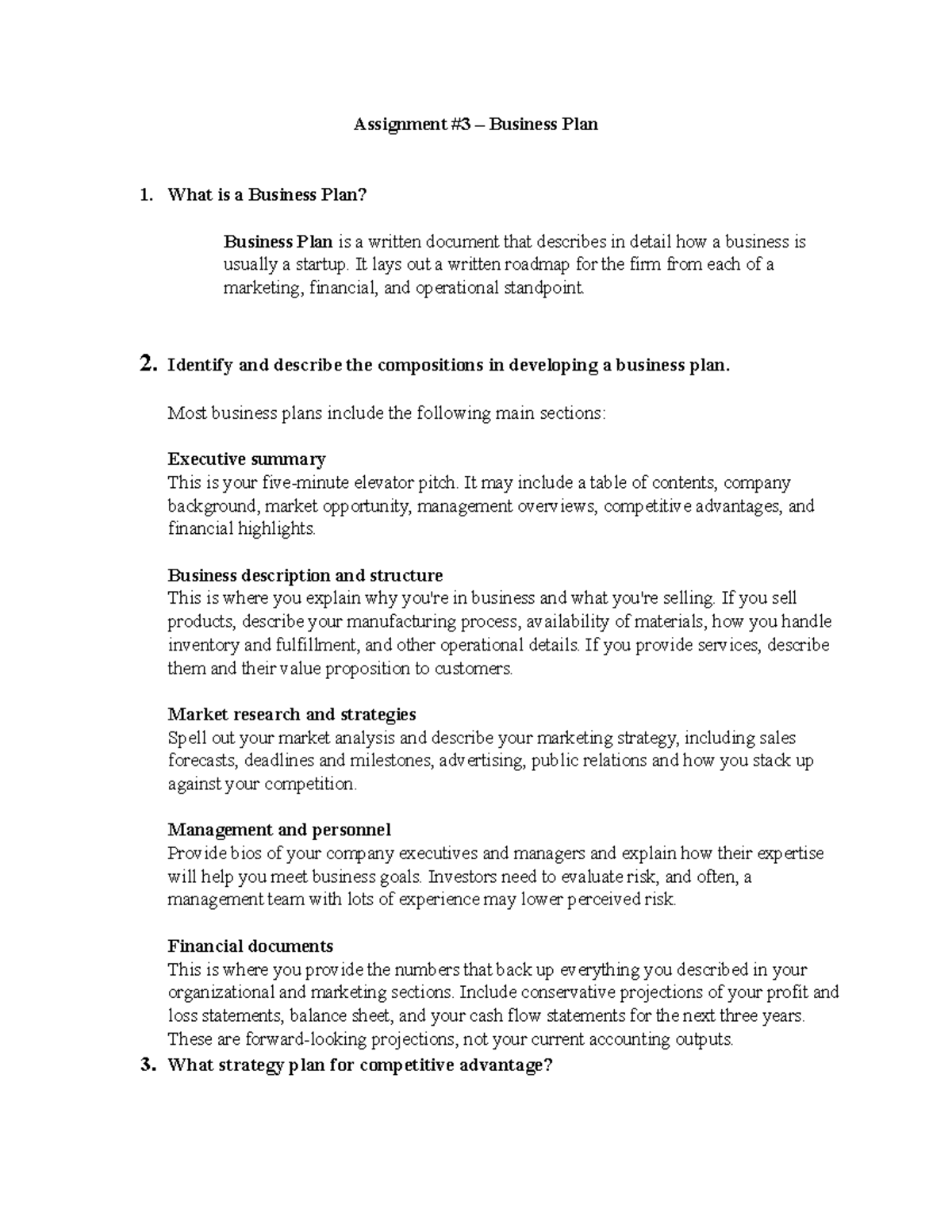 Assignment #3 - Business Plan - Assignment #3 – Business Plan What is a ...