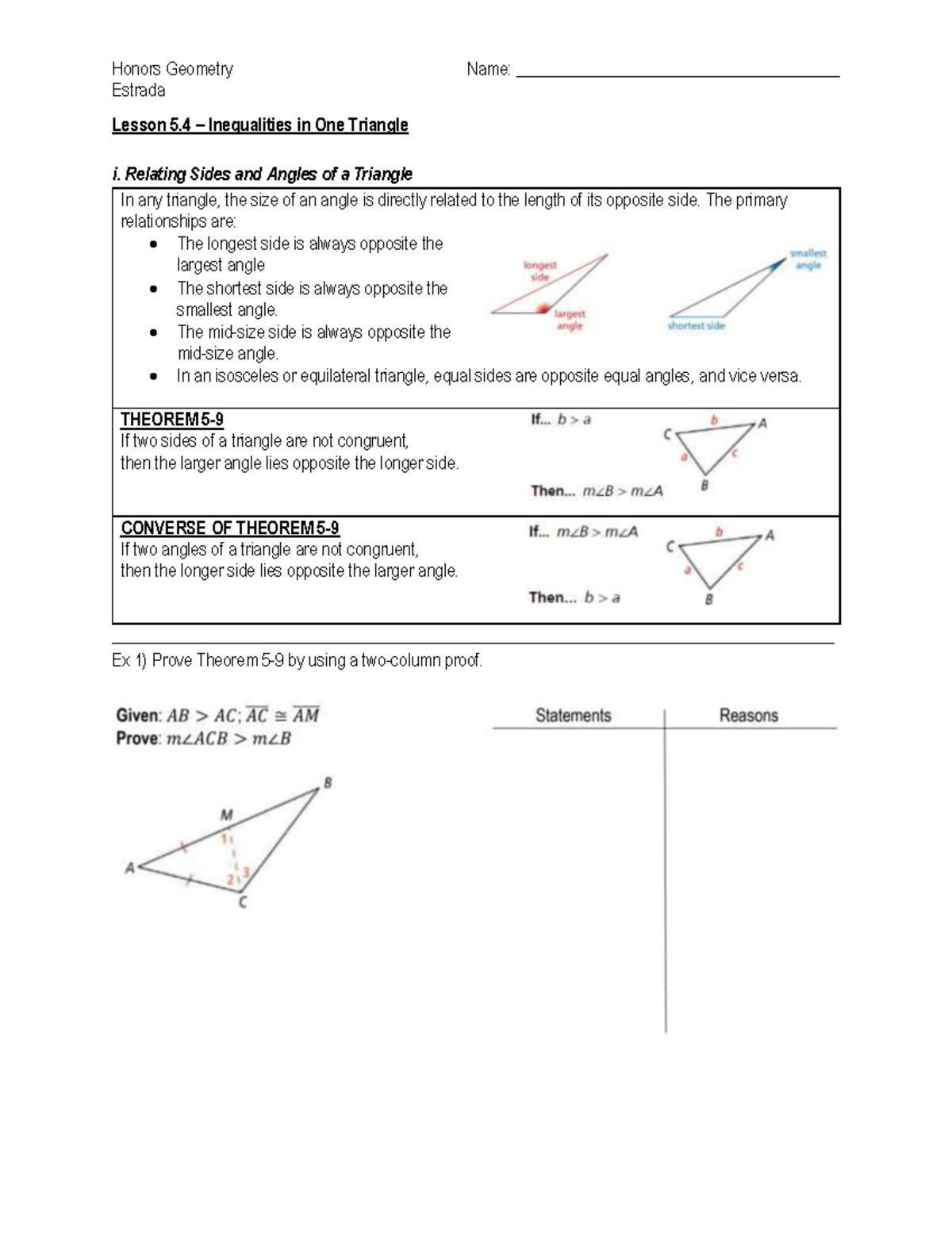 Honors Geometry Estrada: Lesson 5.4 Triangle Inequalities and Proofs ...