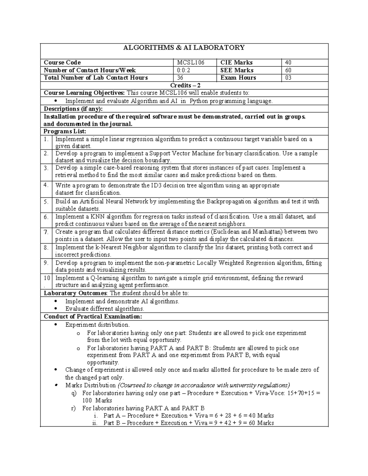 MCSL106 Algorithms & AI Lab: Practical Implementation Guide - Studocu