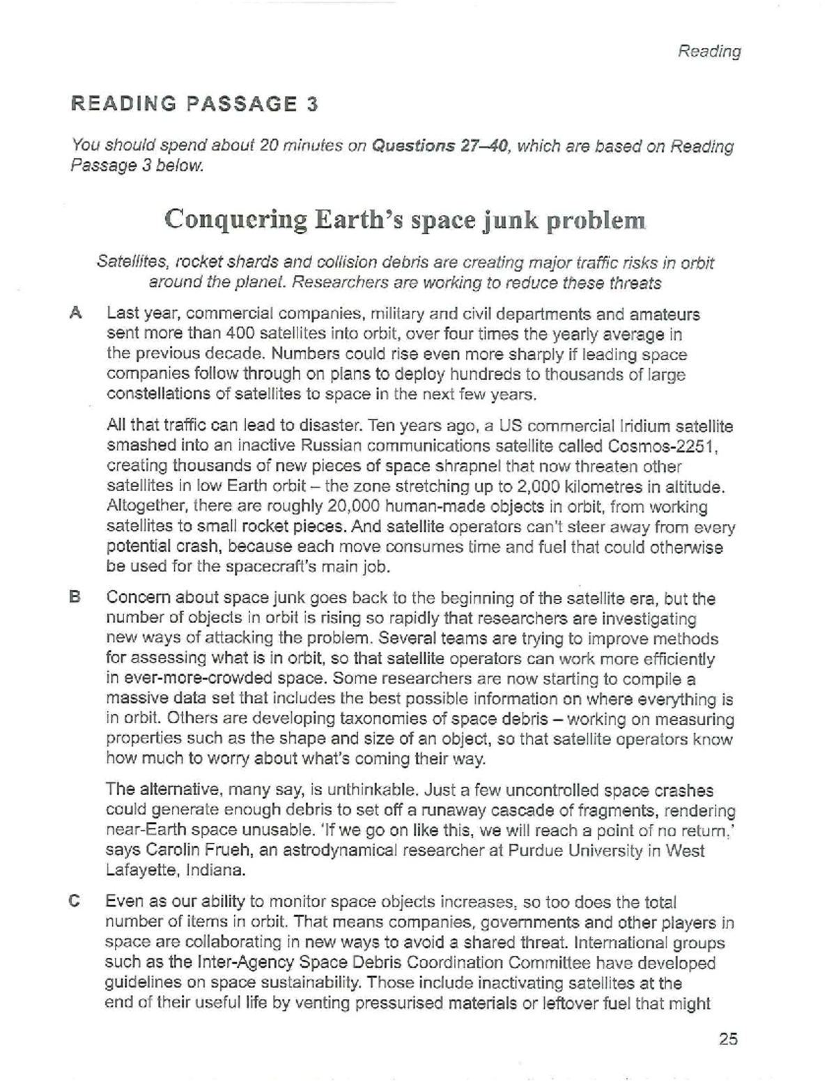 Conquering Space Junk: Insights from Reading Passage 3 - Studocu