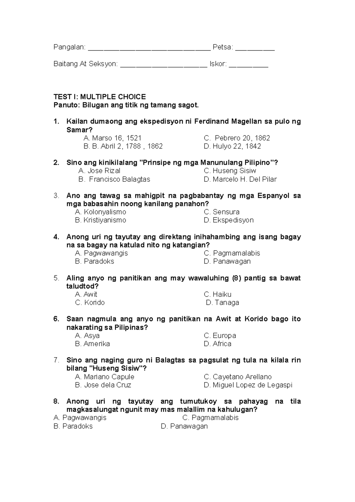 Exam 4th Quarter Filipino: Multiple Choice & Identification Tests - Studocu