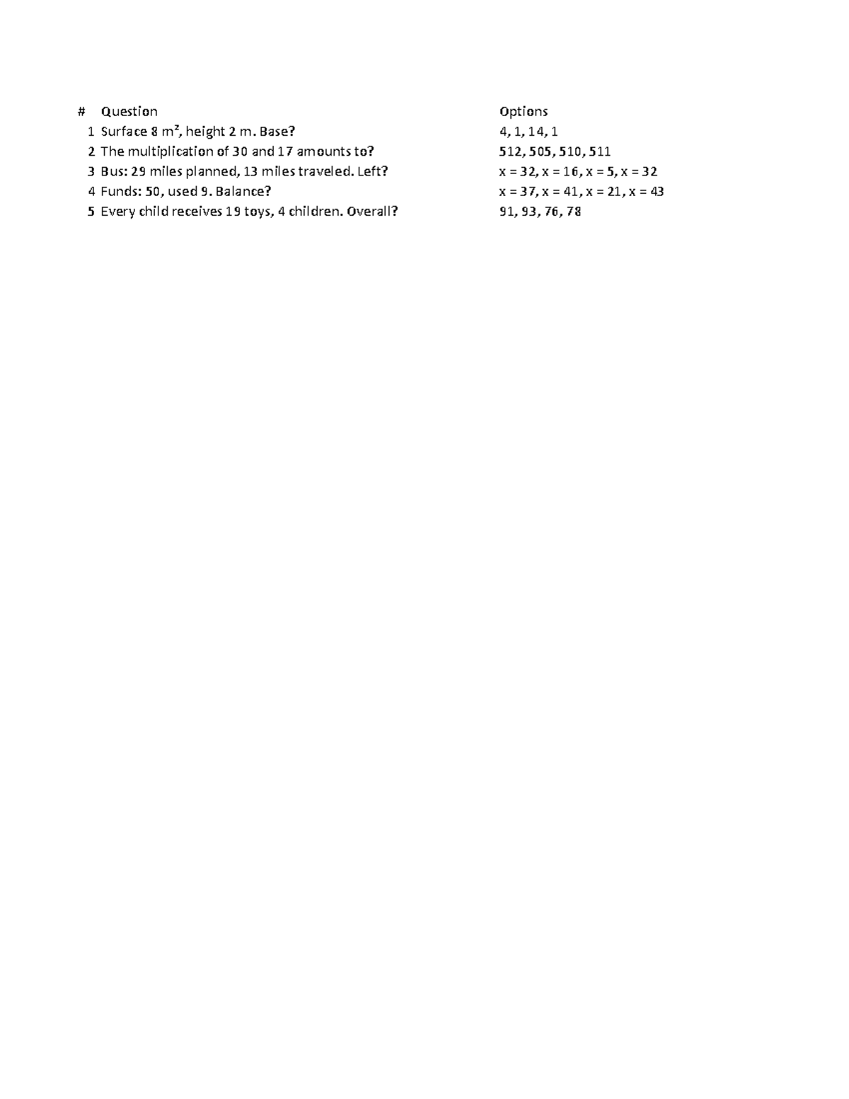 Math MCQ Document 0211: Surface Area, Multiplication & Balance ...