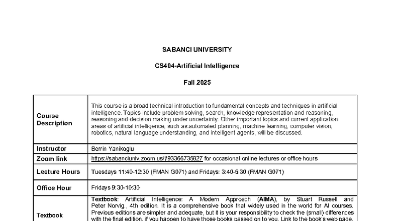 CS404 Fall 2025: AI Course Syllabus and Exam Policies - Studocu