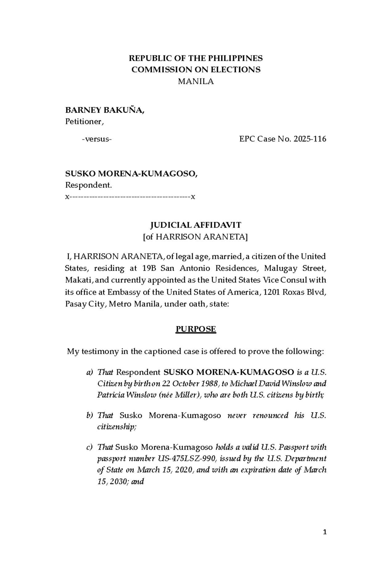 Judicial Affidavit of Harrison Araneta in EPC Case No. SUSKO - Studocu