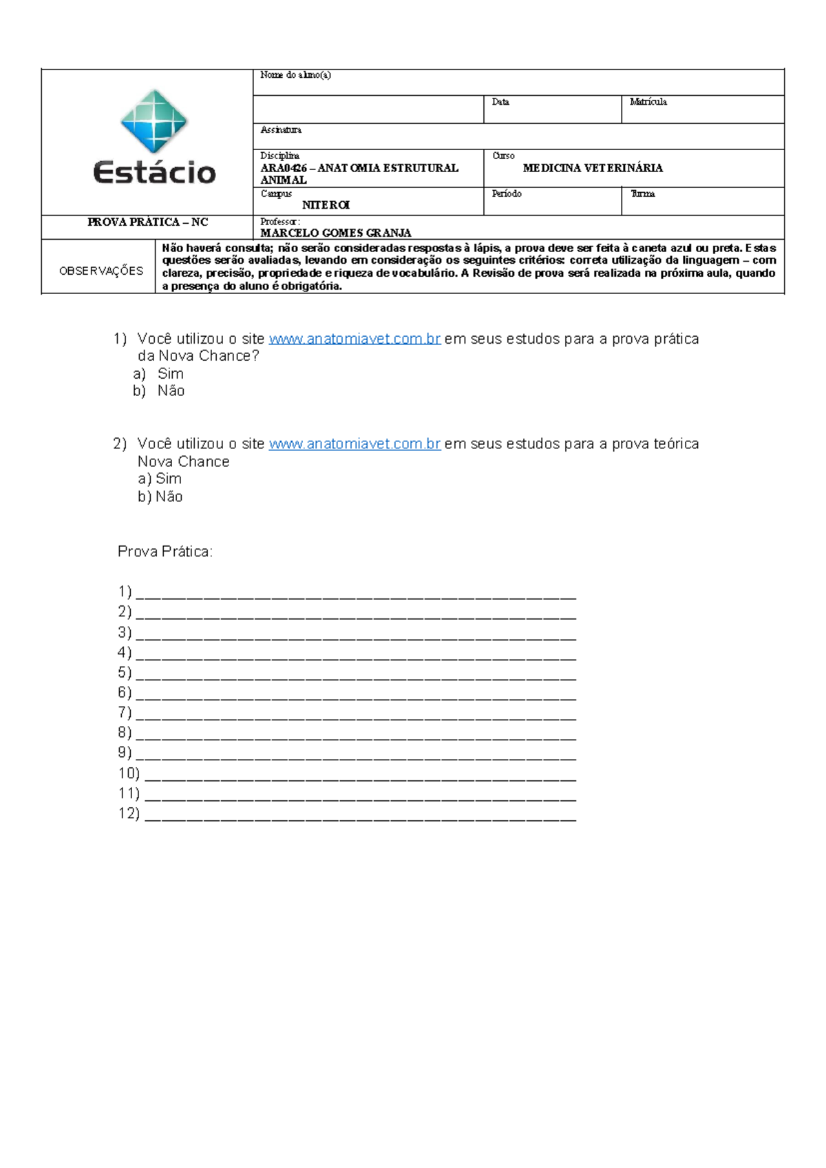 Prova Prática De Anatomia Estrutural Ara0426 Medicina Veterinária