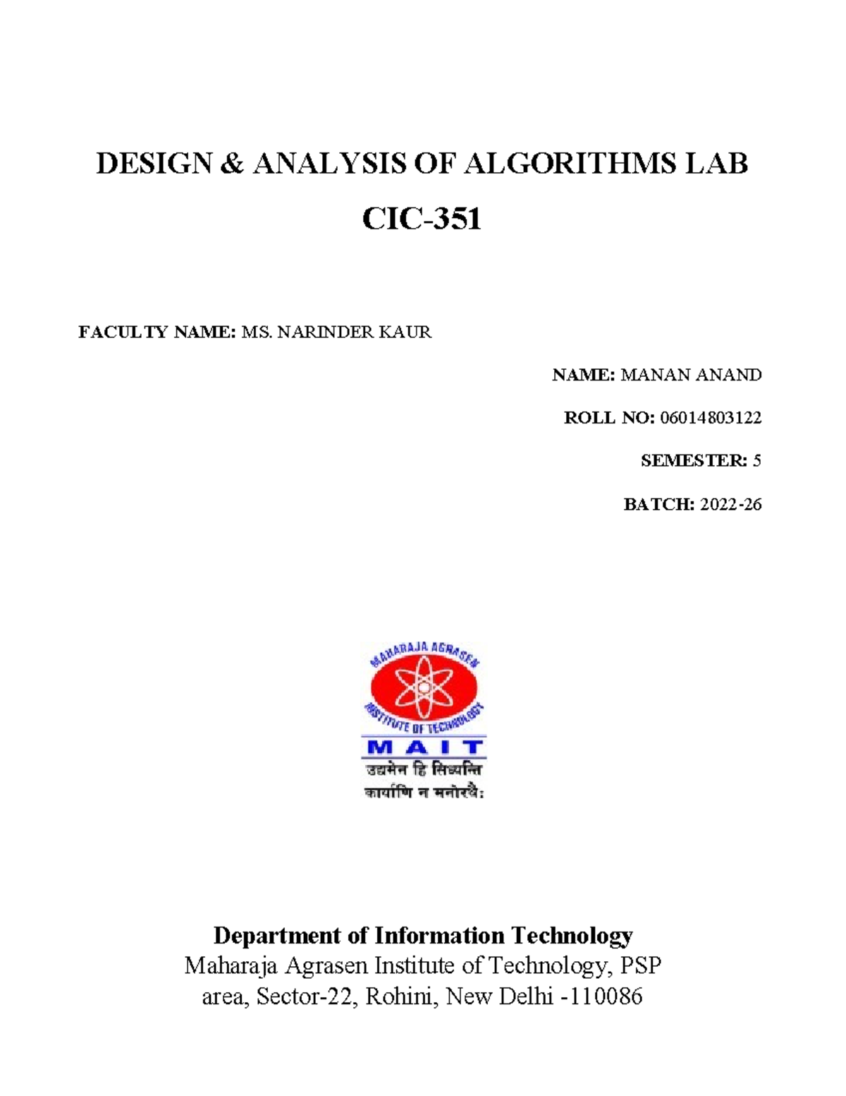 Computer Networks LAB Front pages of File - DESIGN & ANALYSIS OF ...
