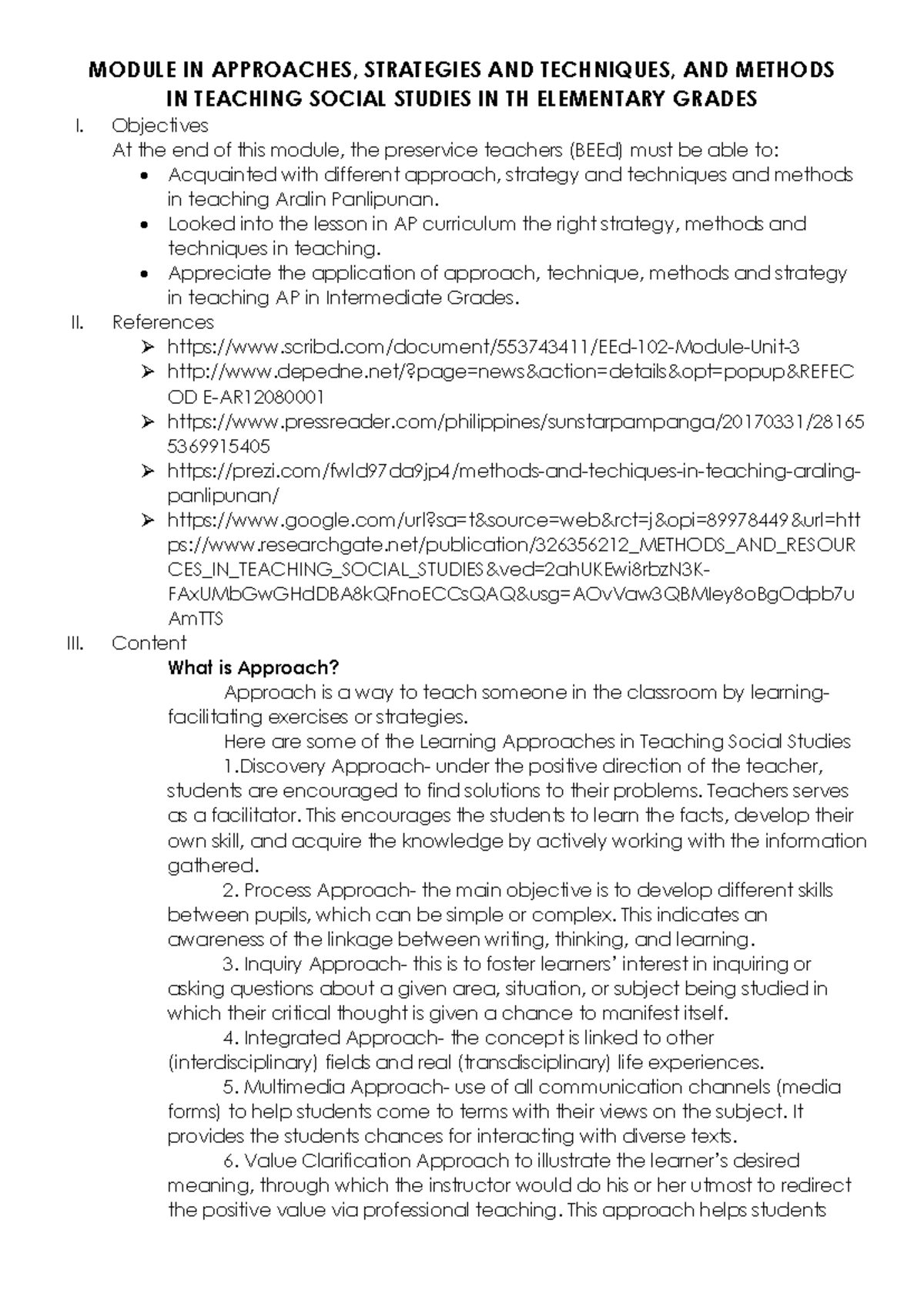 Teaching Approaches and Strategies for Social Studies (BEEd102) - Studocu