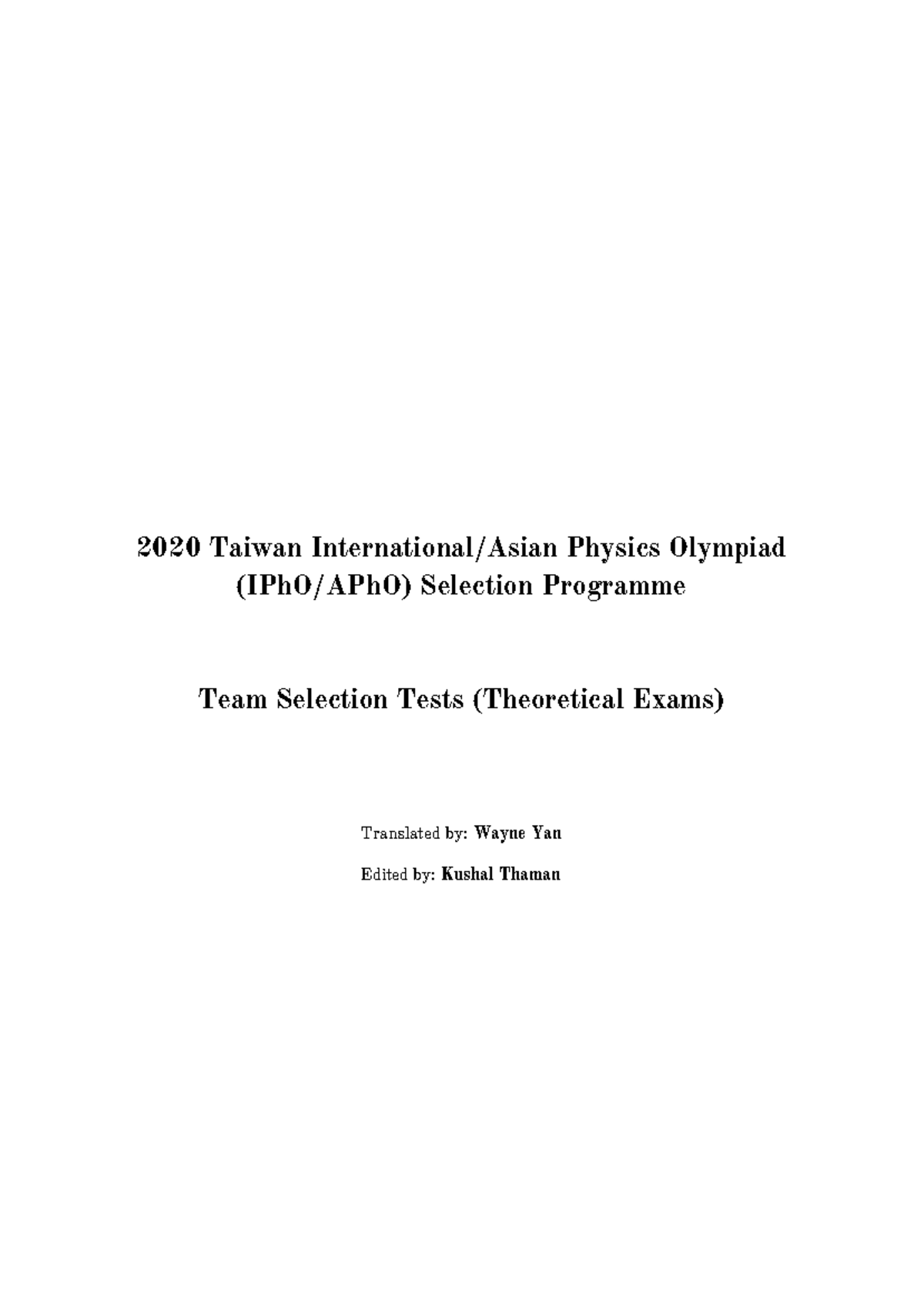 2020 Taiwan Physics Olympiad TST - Theoretical Exam Notes - Studocu