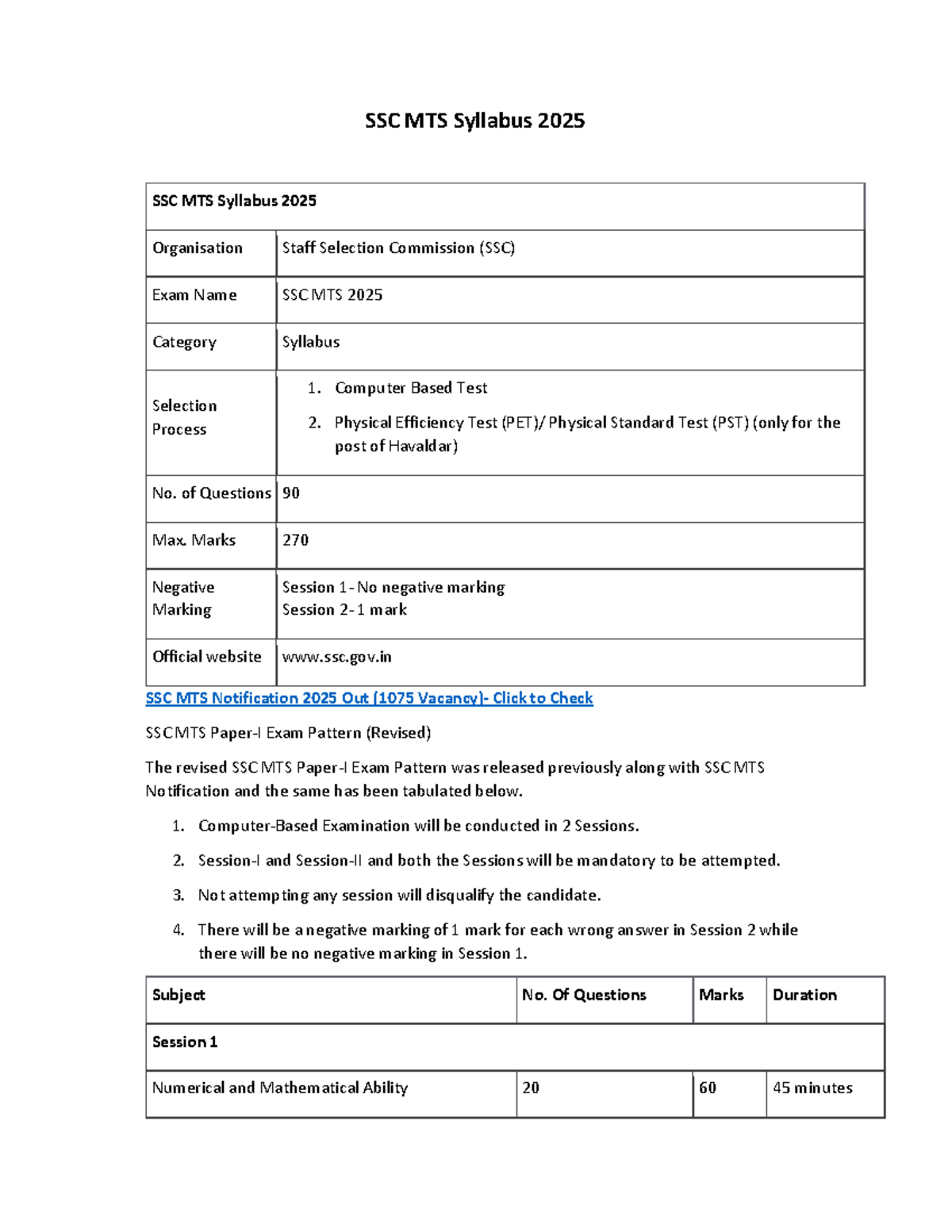 SSC MTS Syllabus 2025 - Neetu MA'AM Class Notes Overview - Studocu