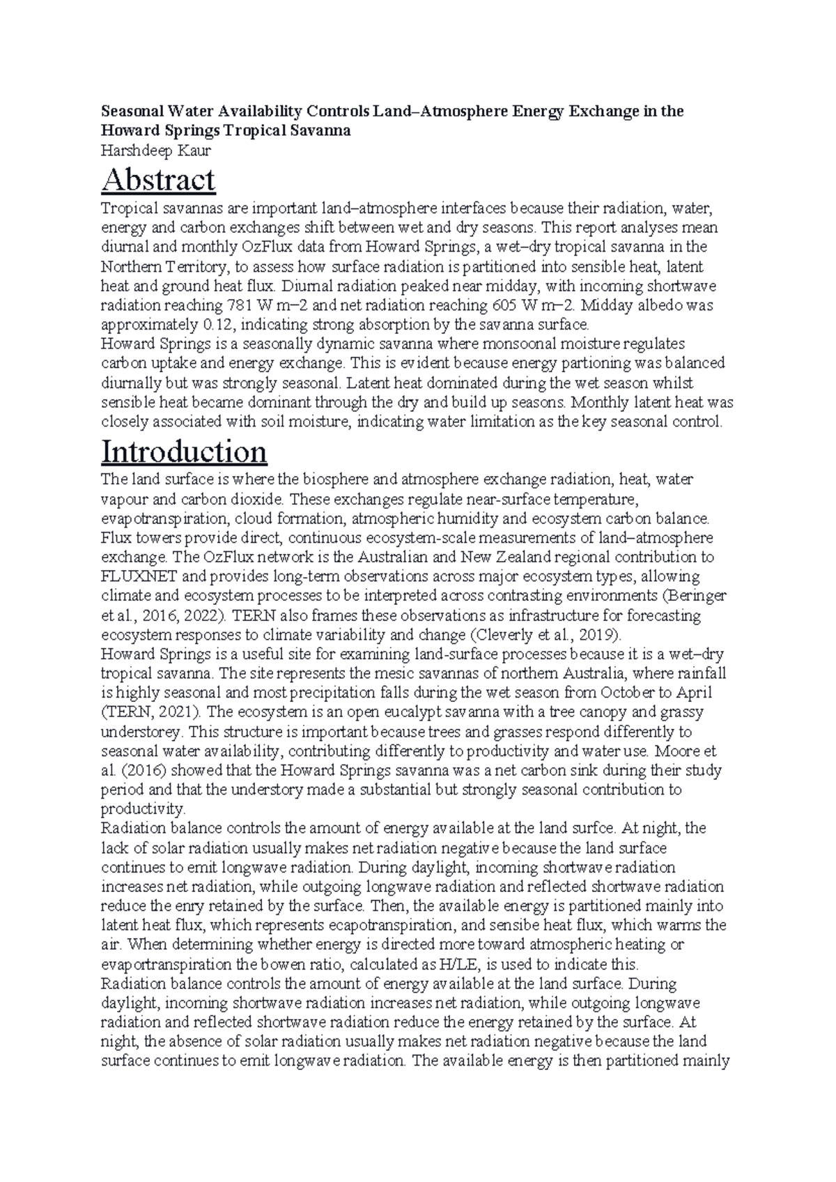 Seasonal Water Availability and Energy Exchange in Howard Springs ...