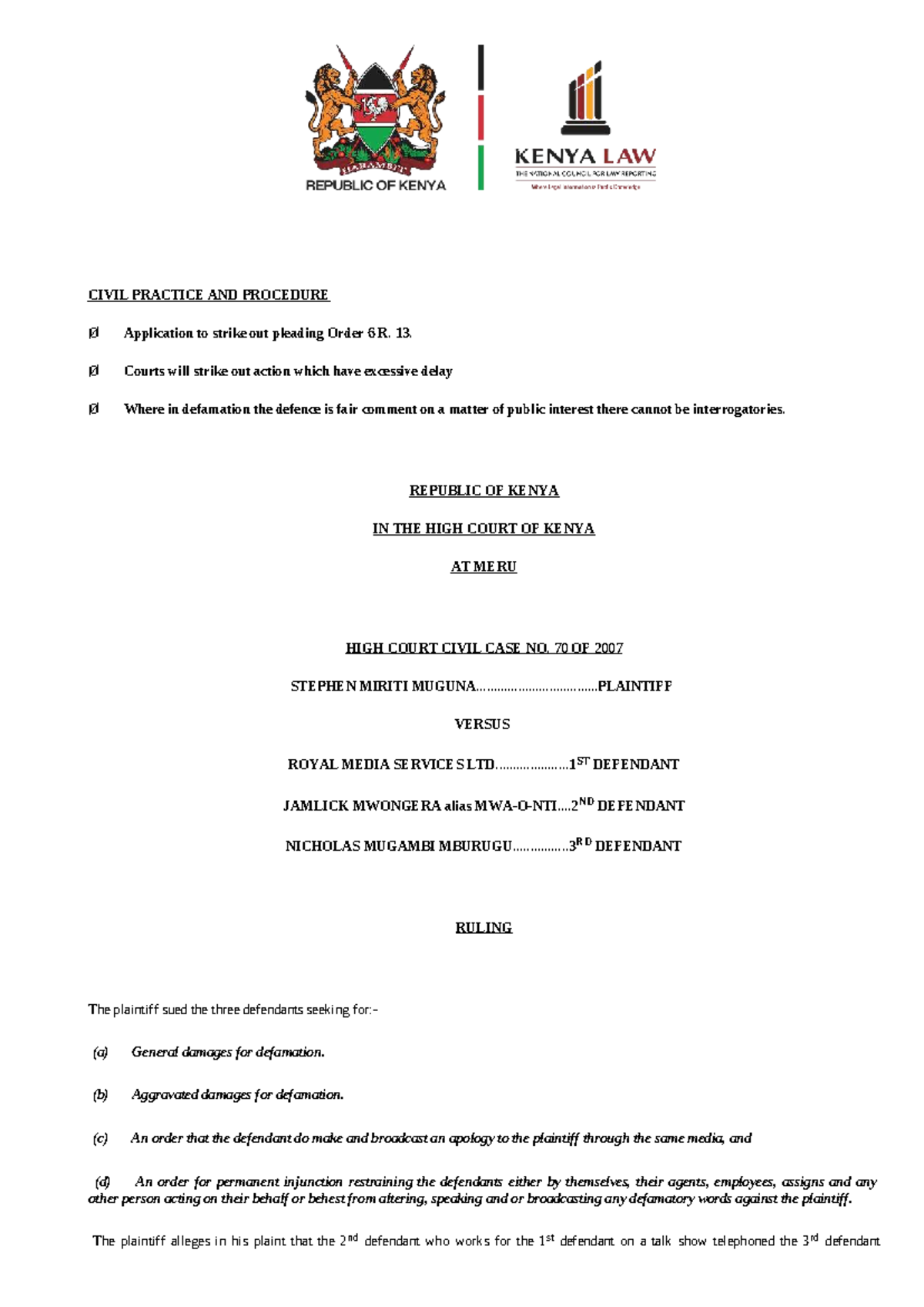 CIVIL PRACTICE AND PROCEDURE: Ruling on Striking Out Pleadings in Case ...