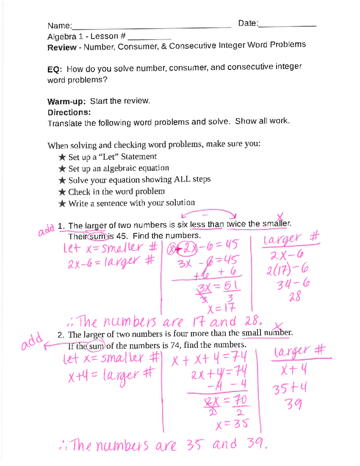 Algebra 1 Lesson Review: Solving Word Problems (Course XYZ 101) - Studocu