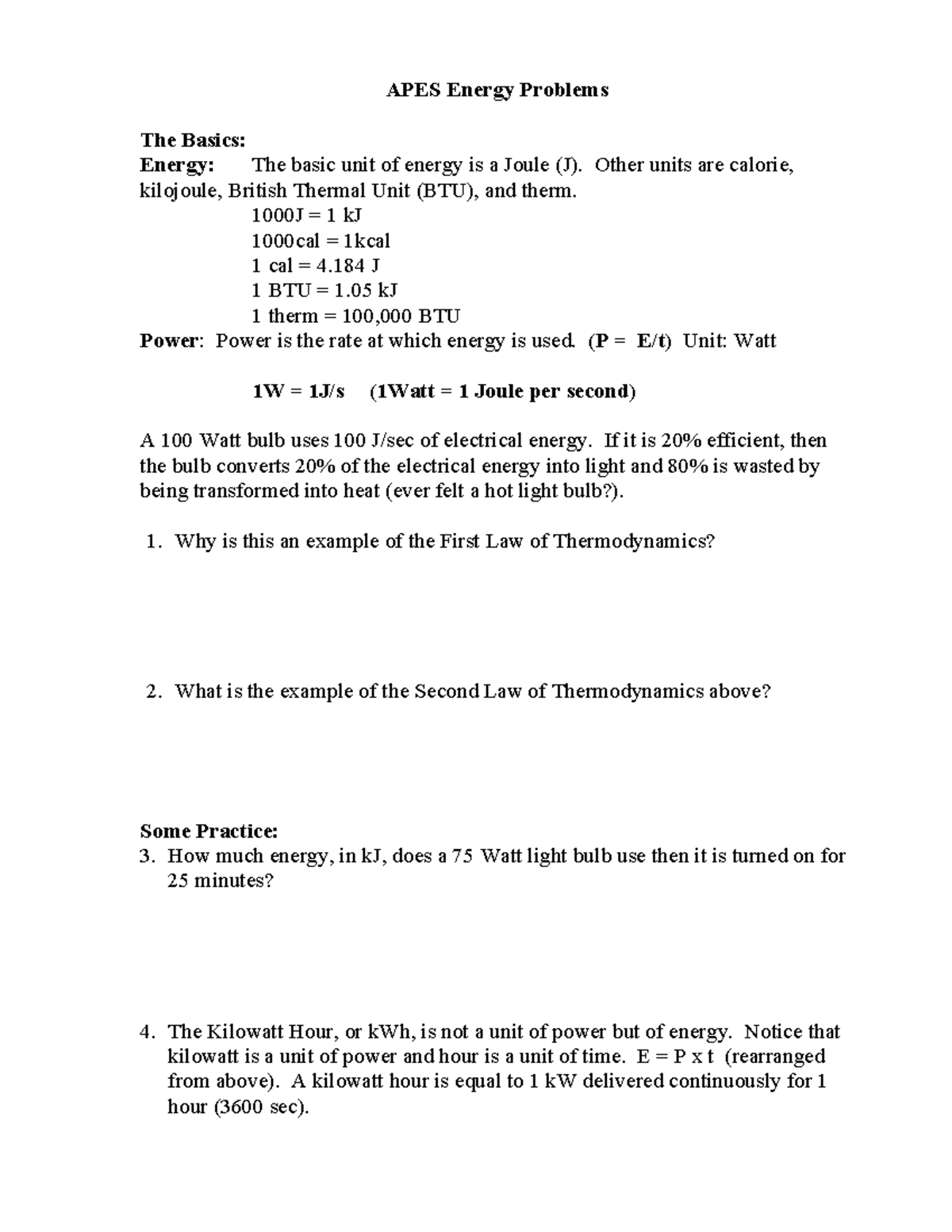 APES Energy Problems: Understanding Energy Units and Thermodynamics ...