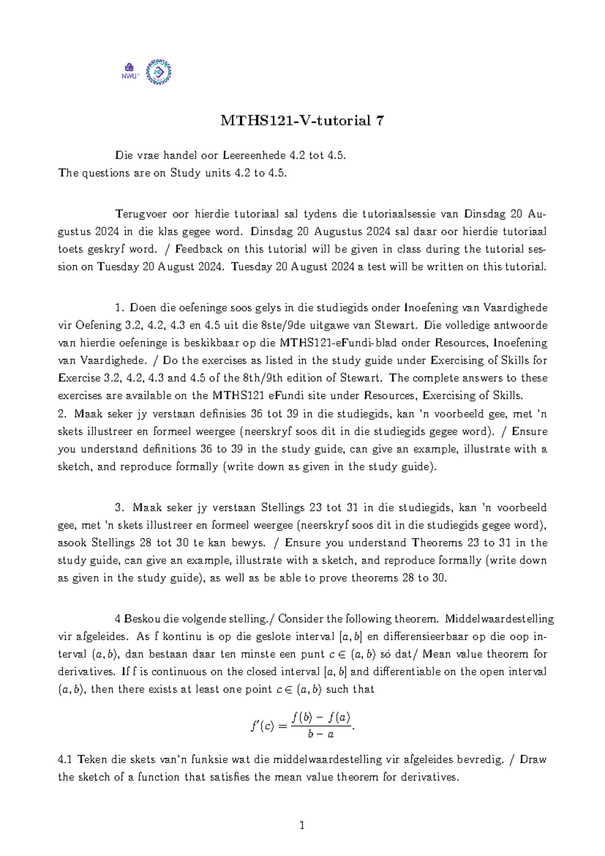 MTHS121 Tutorial 7 Questions and Feedback for August 20, 2024 - Studocu