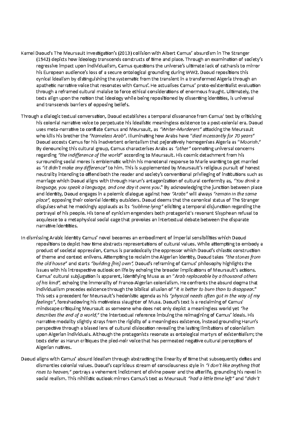 MODA essay 3 - Meursault and Stranger - Kamel Daoud's The Meursault ...