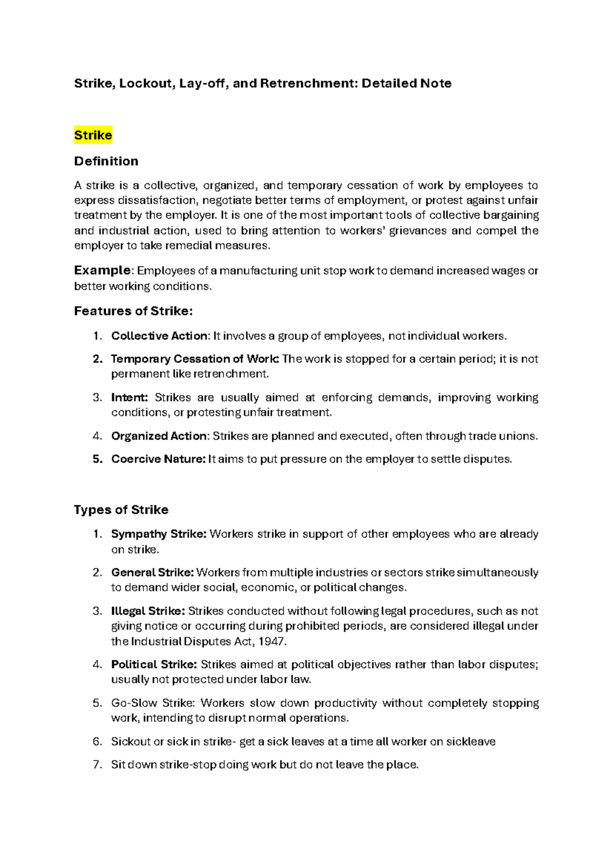 Strike, Lockout, and Retrenchment: Comprehensive Study Notes - Studocu