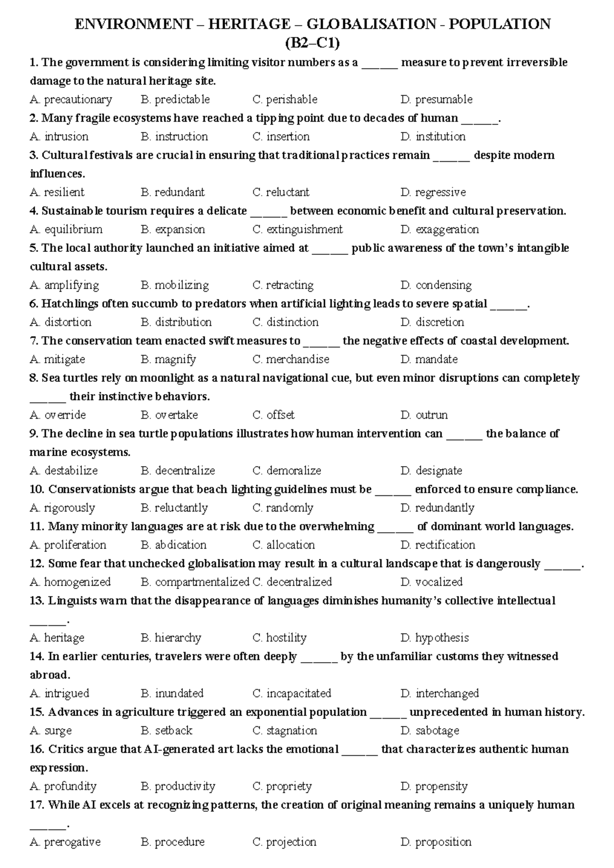 ENVIRONMENT 1: Globalisation, Heritage & Population Quiz - Studocu