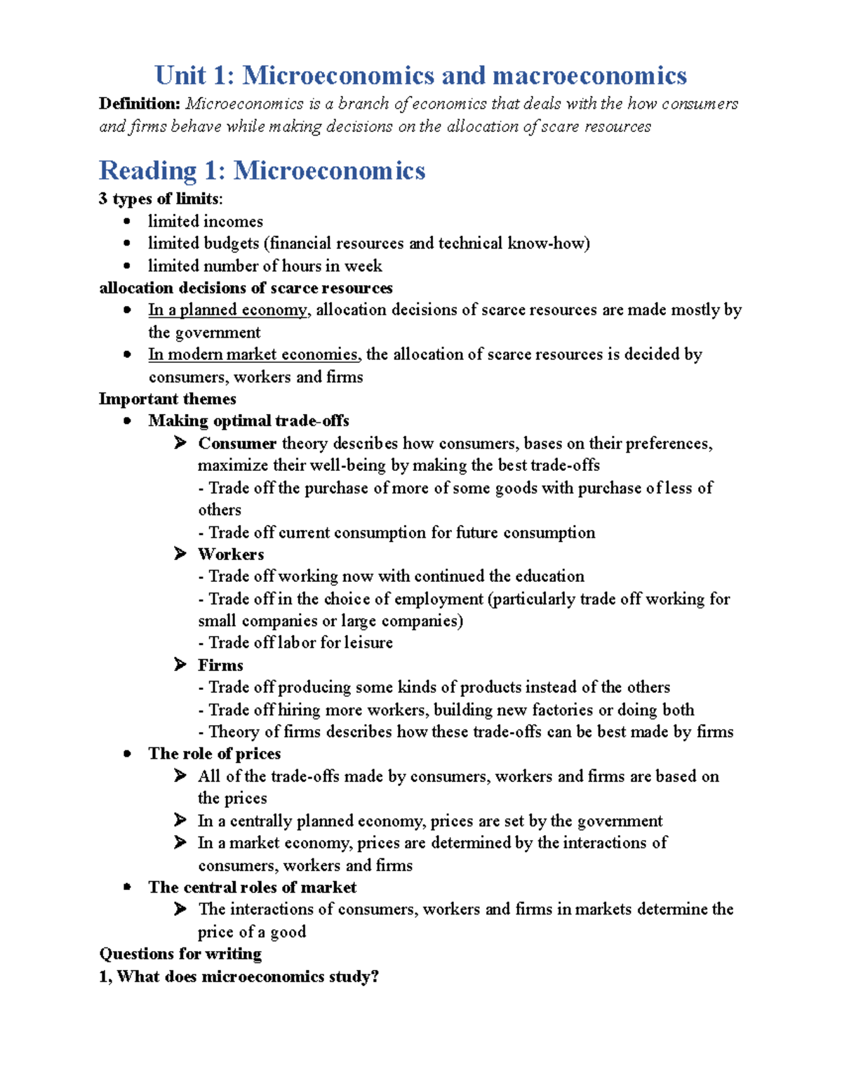 Unit 1: Microeconomics and Resource Allocation Strategies - Studocu