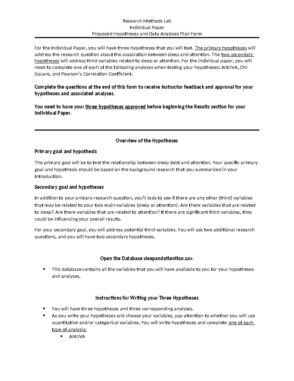 Research Methods Lab: Hypotheses & Data Analysis Plan Form - Studocu