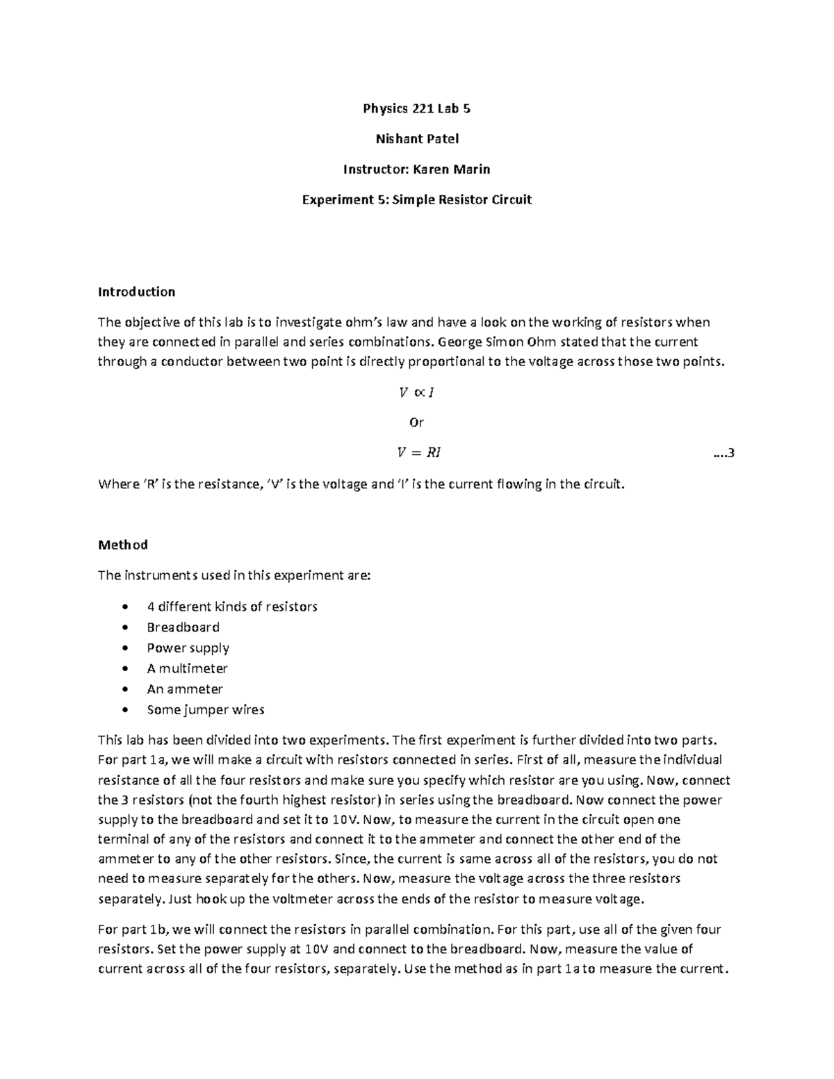 Lab 5 - IIT Physics 221 Lab report 5 - Physics 221 Lab 5 Nishant Patel ...