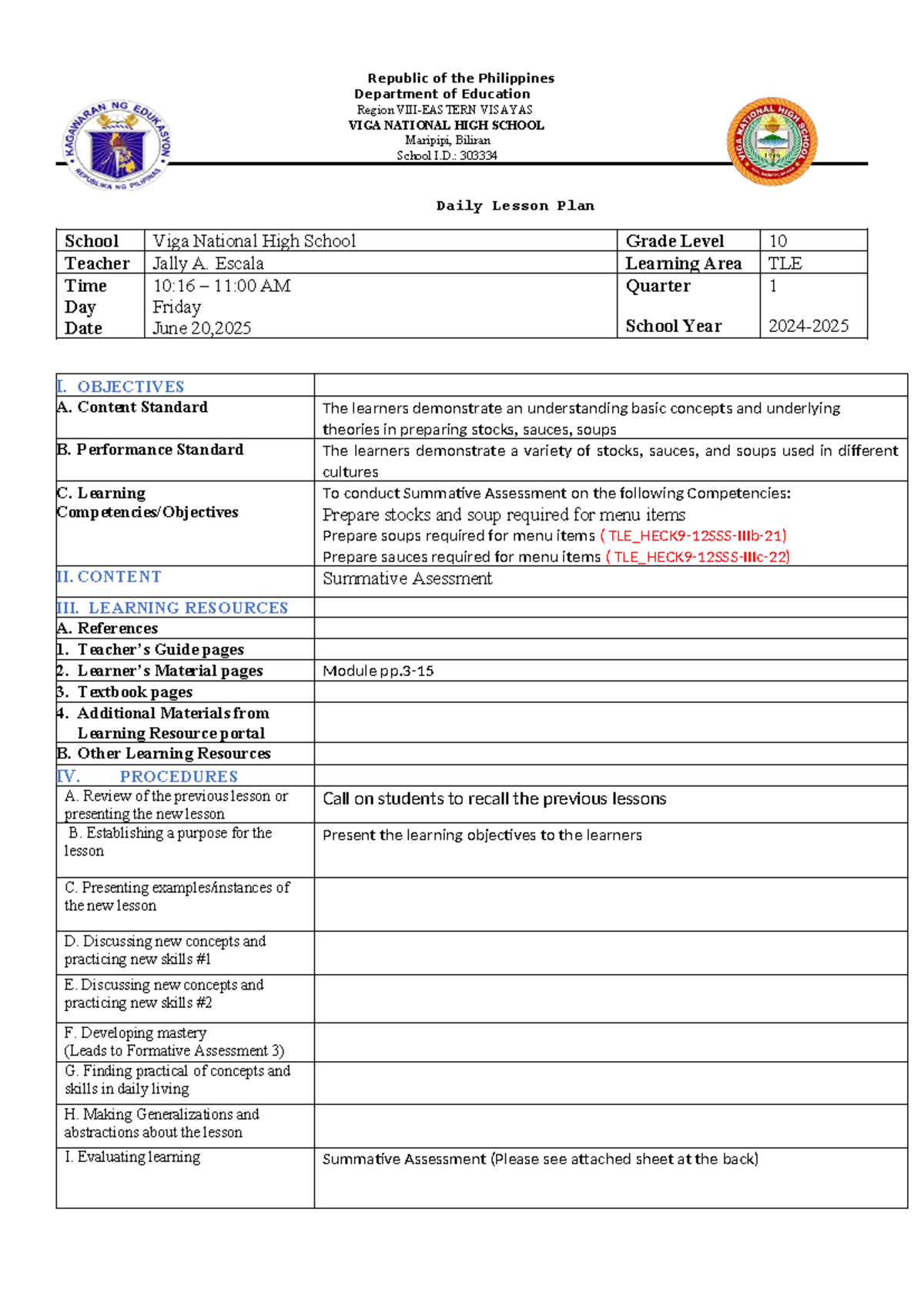 Daily Lesson Plan for TLE 10 - Stocks, Sauces, and Soups - Studocu