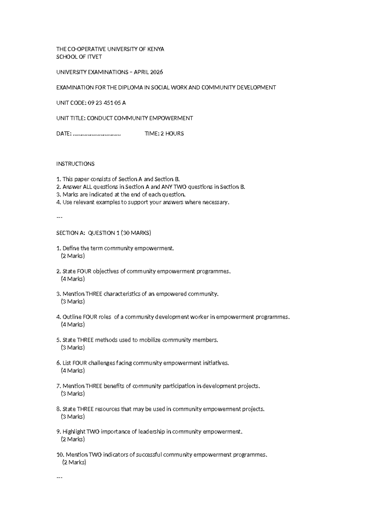Conduct Community Empowerment Exam - Diploma in Social Work (09 23 451 ...