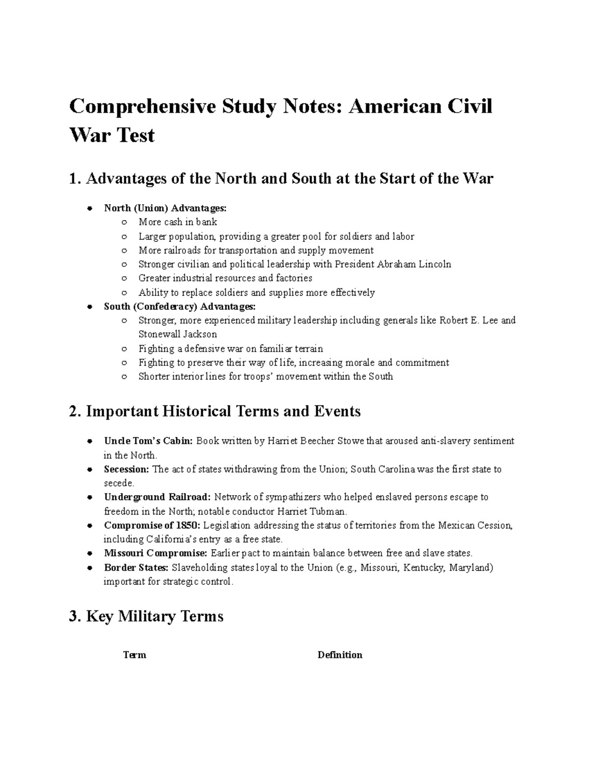 Comprehensive Study Notes: American Civil War Test 000 2025 - Studocu