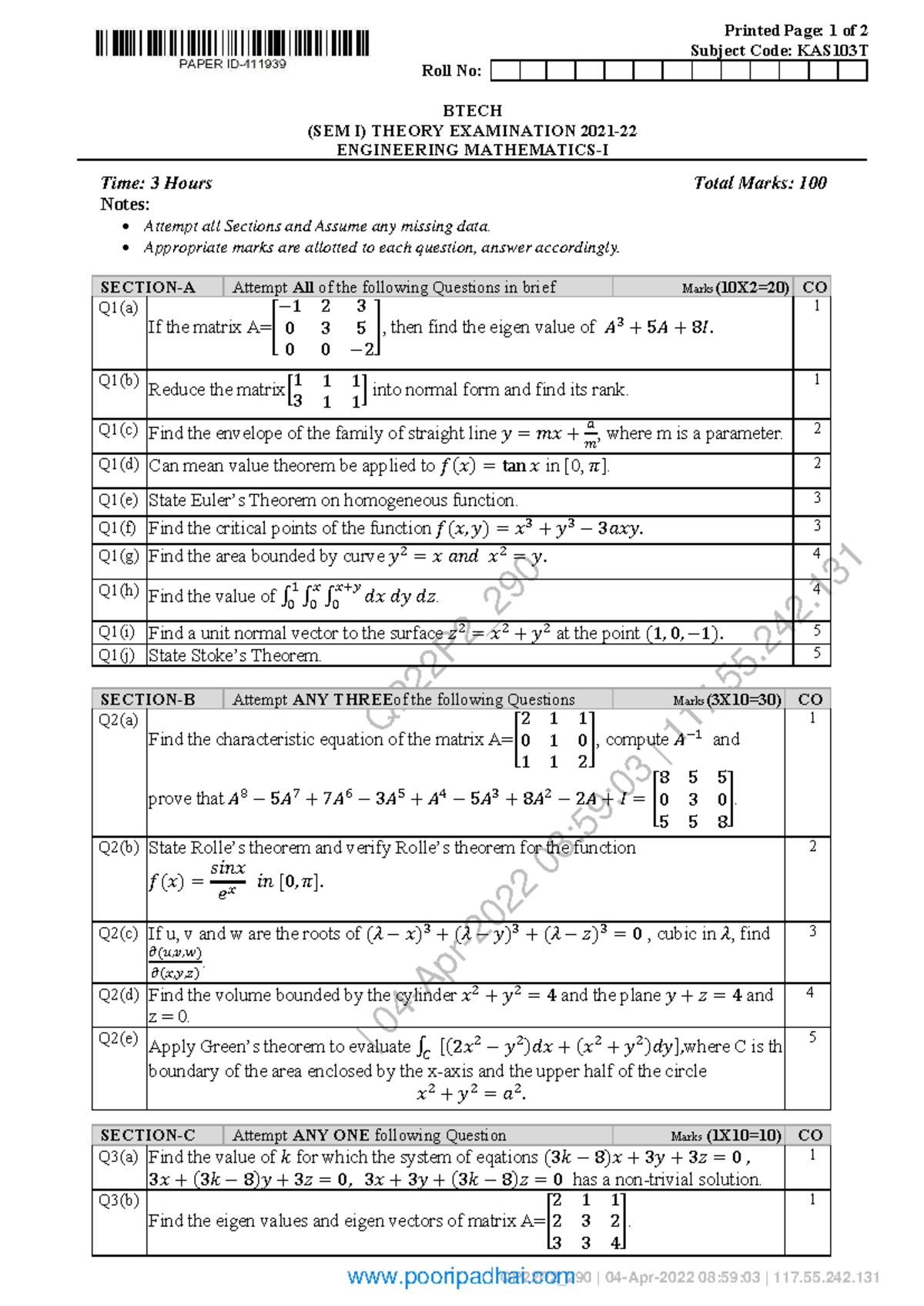 Engineering Mathematics-I KAS103T Theory Exam Questions - Studocu