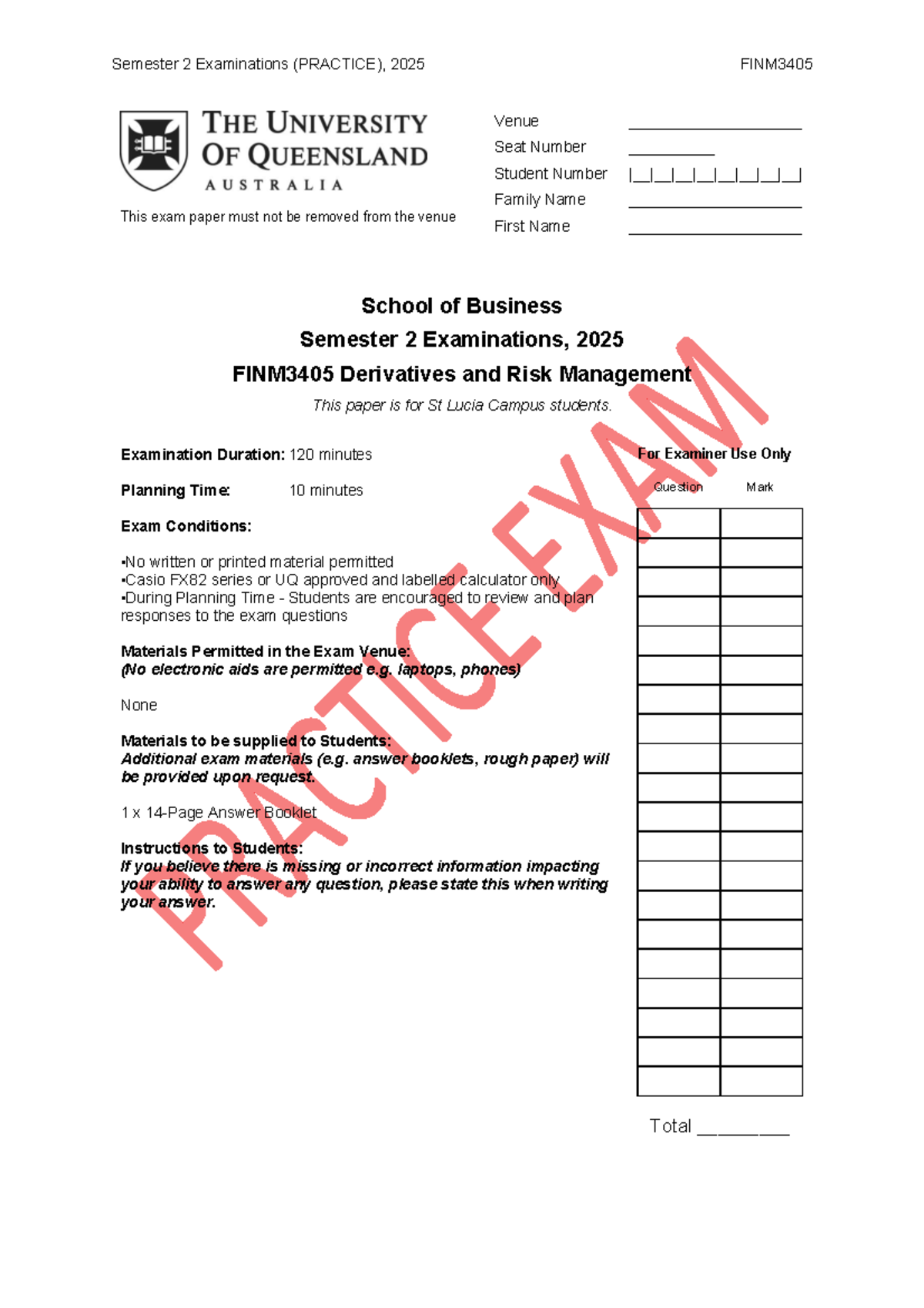 FINM3405 - Semester 2 2025 Practice Exam Solutions - Studocu
