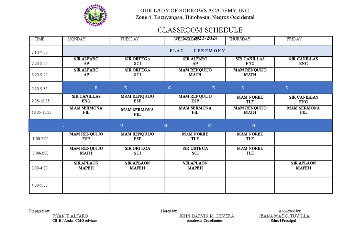 Classroom schedule - - Studocu