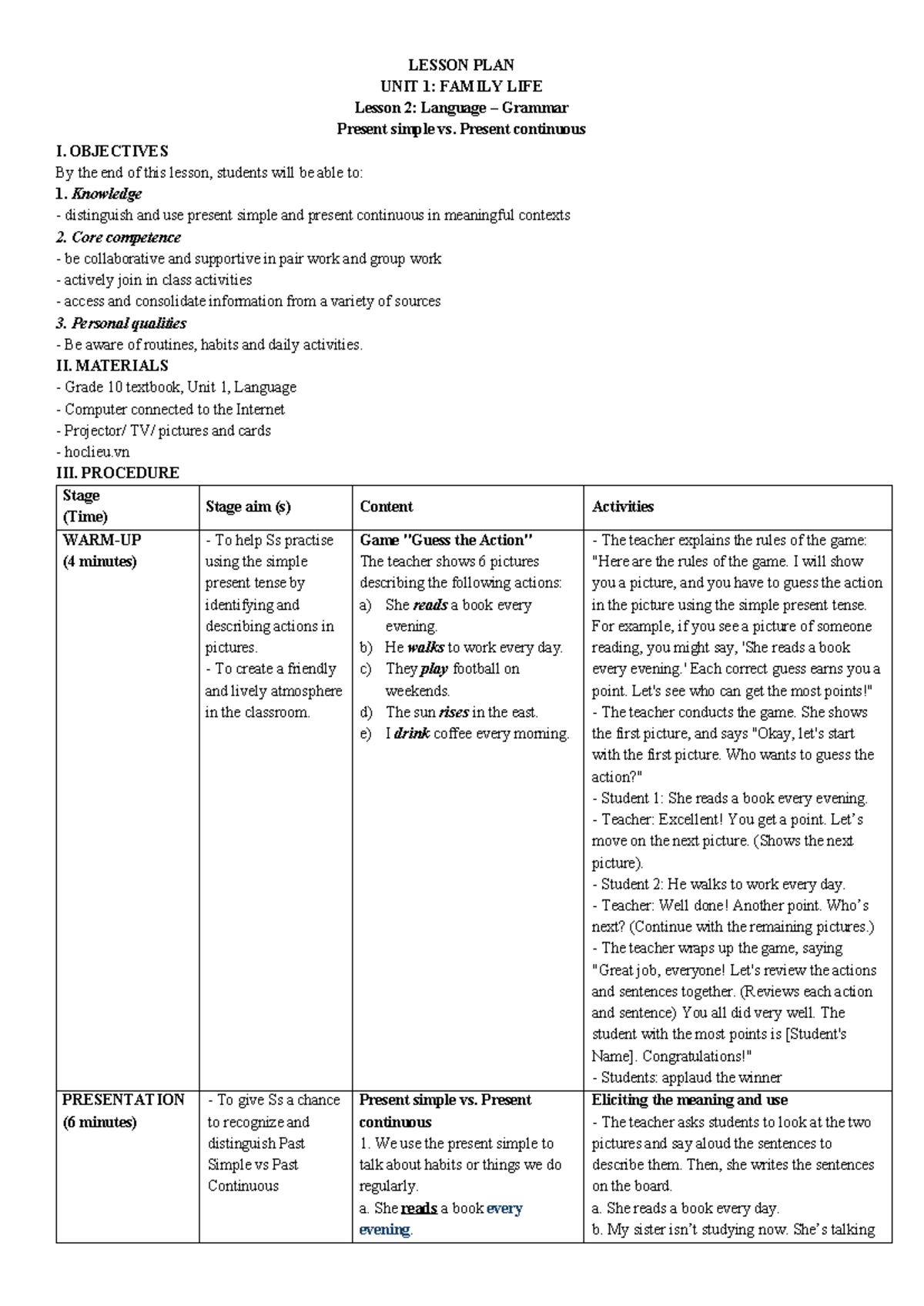 [PPGD 2] TA10 Lesson Plan: Present Simple vs. Present Continuous - Studocu