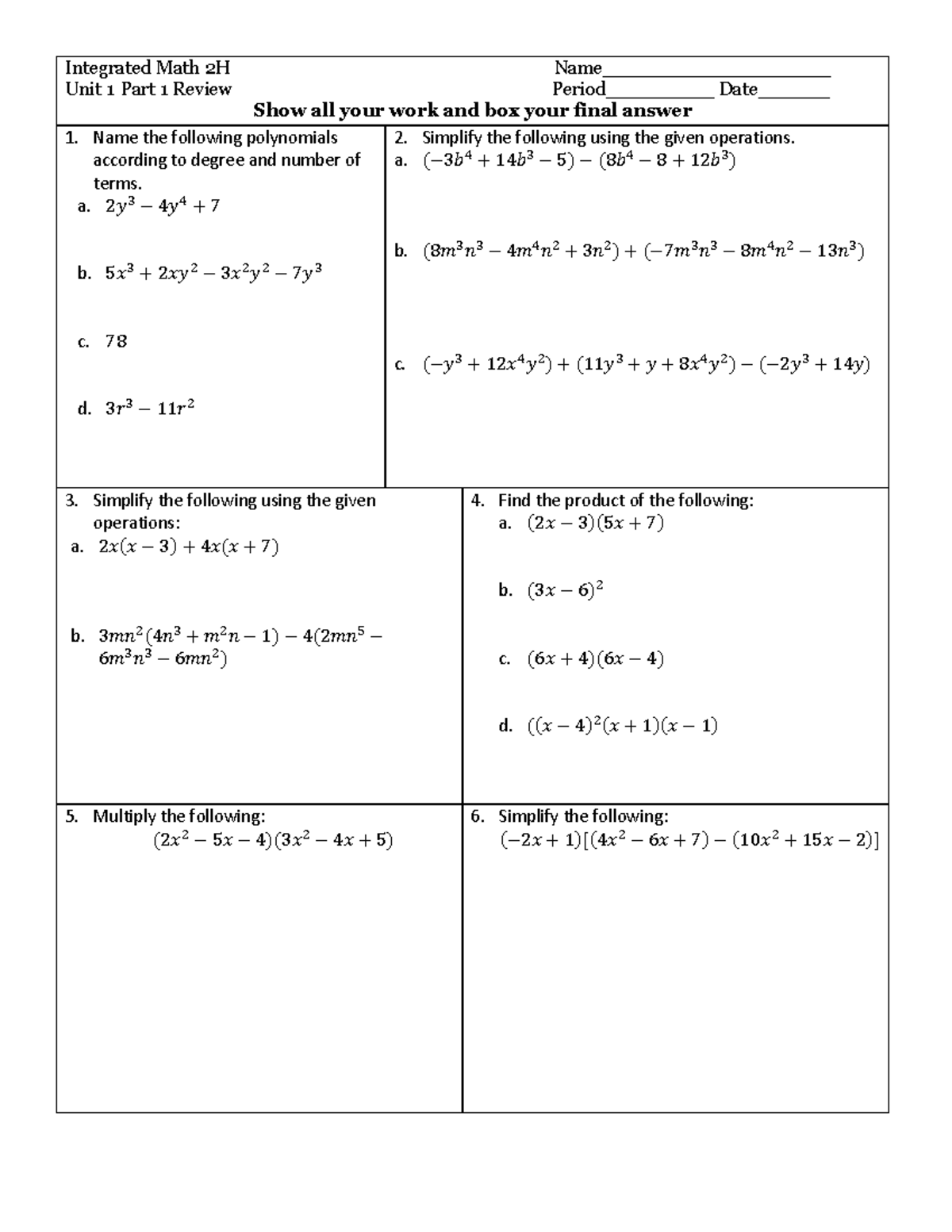 Integrated Math 2H Unit 1 Part 1 Review Exercises & Solutions - Studocu