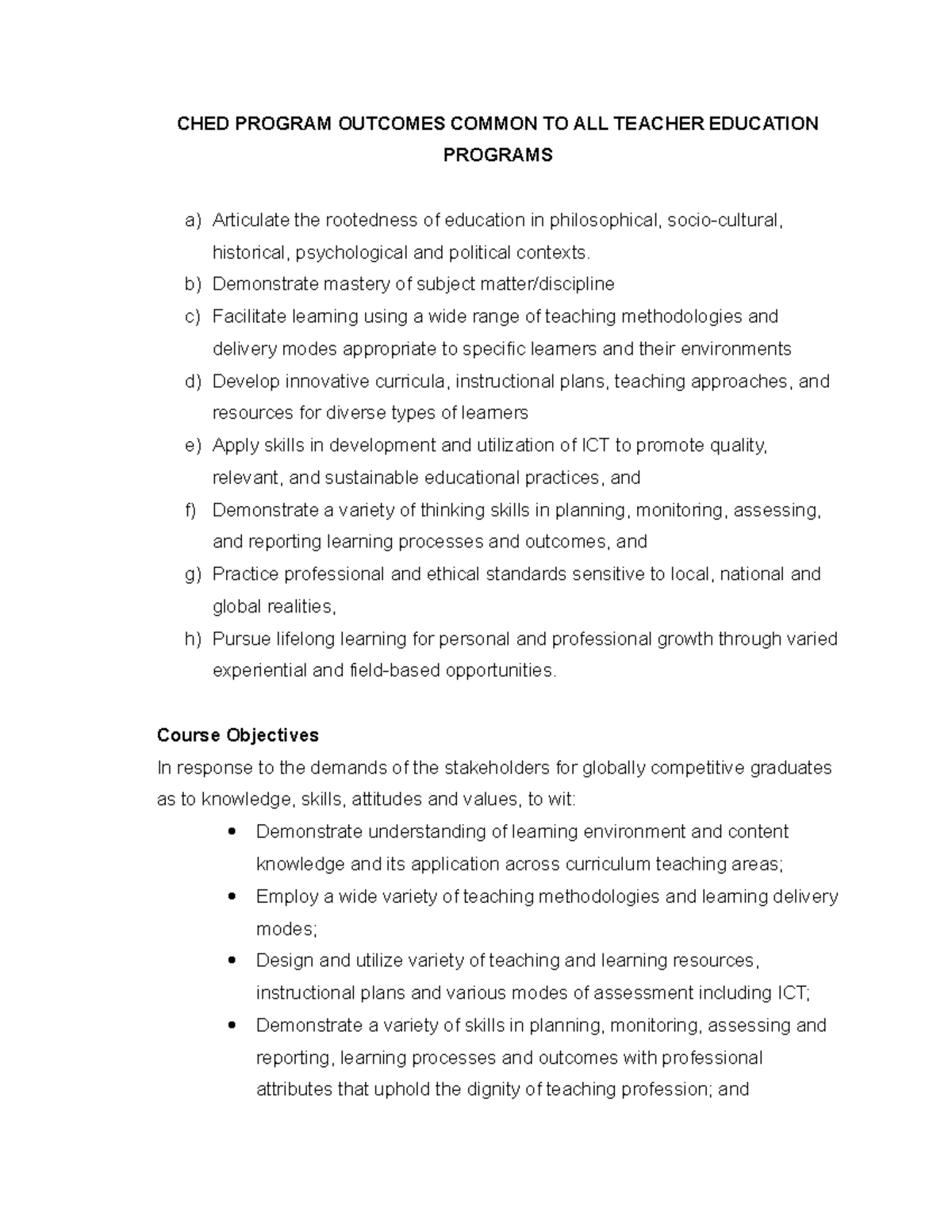 CHED Program Outcomes for All Teacher Education Programs - Studocu