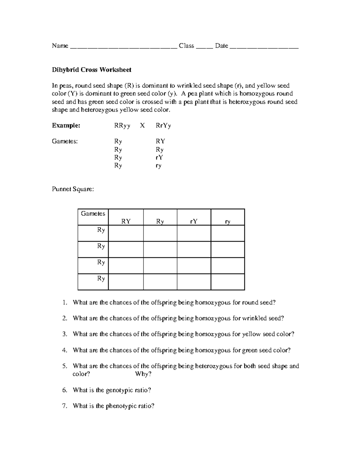 Dihybrid Cross Worksheet (Bio 101) - More Examples and Questions - Studocu