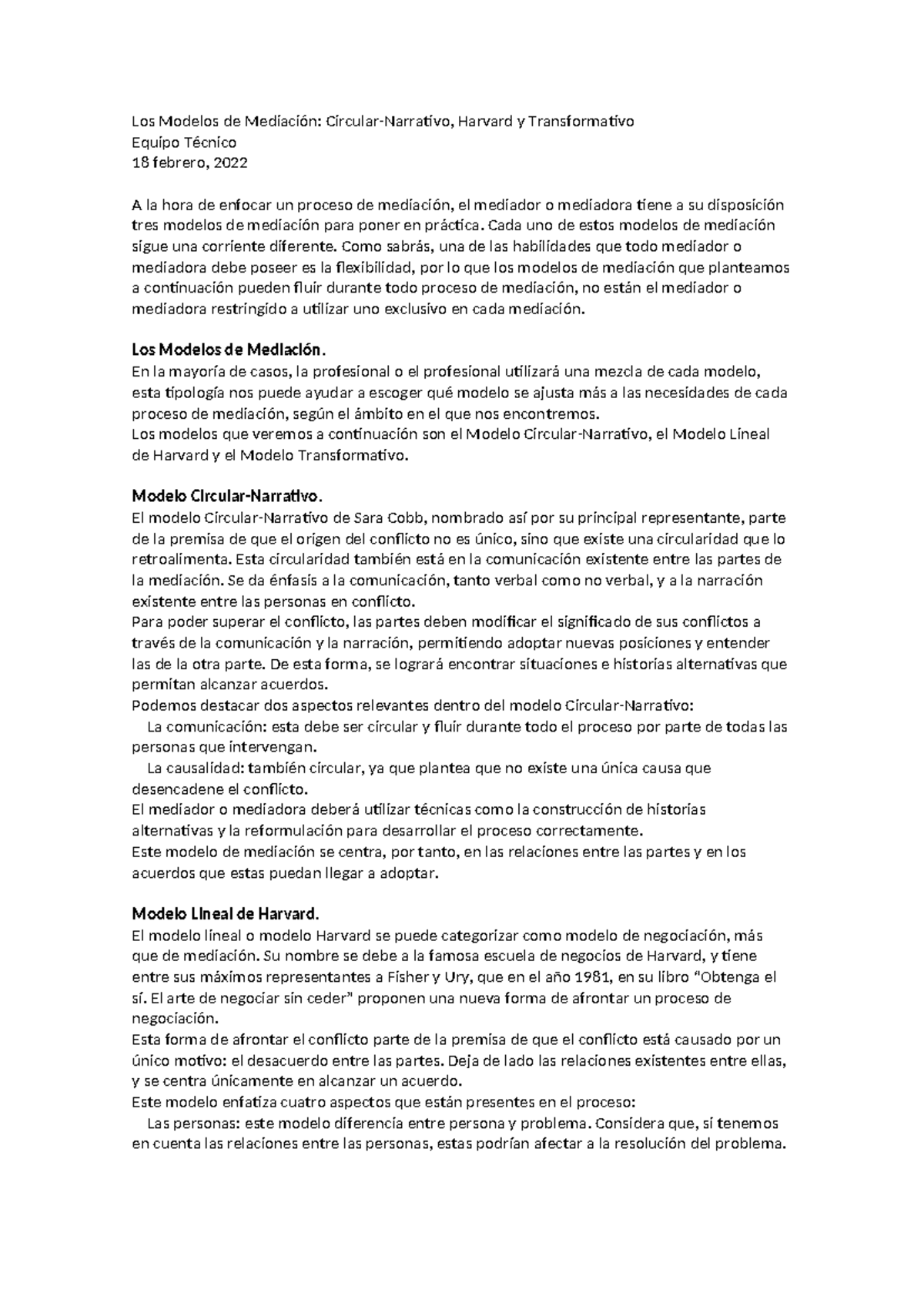 Modelos de Mediación: Circular-Narrativo, Harvard y Transformativo ...