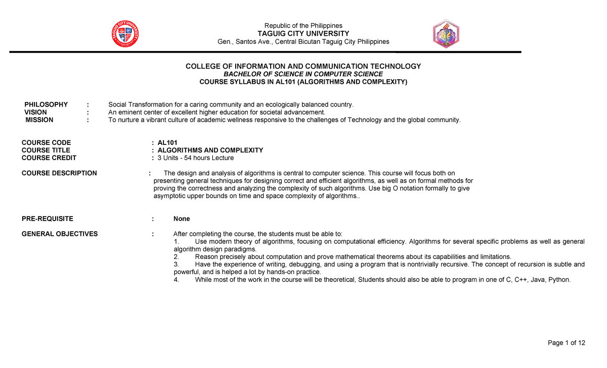 AL101 Algorithm and complexity - Republic of the Philippines TAGUIG ...