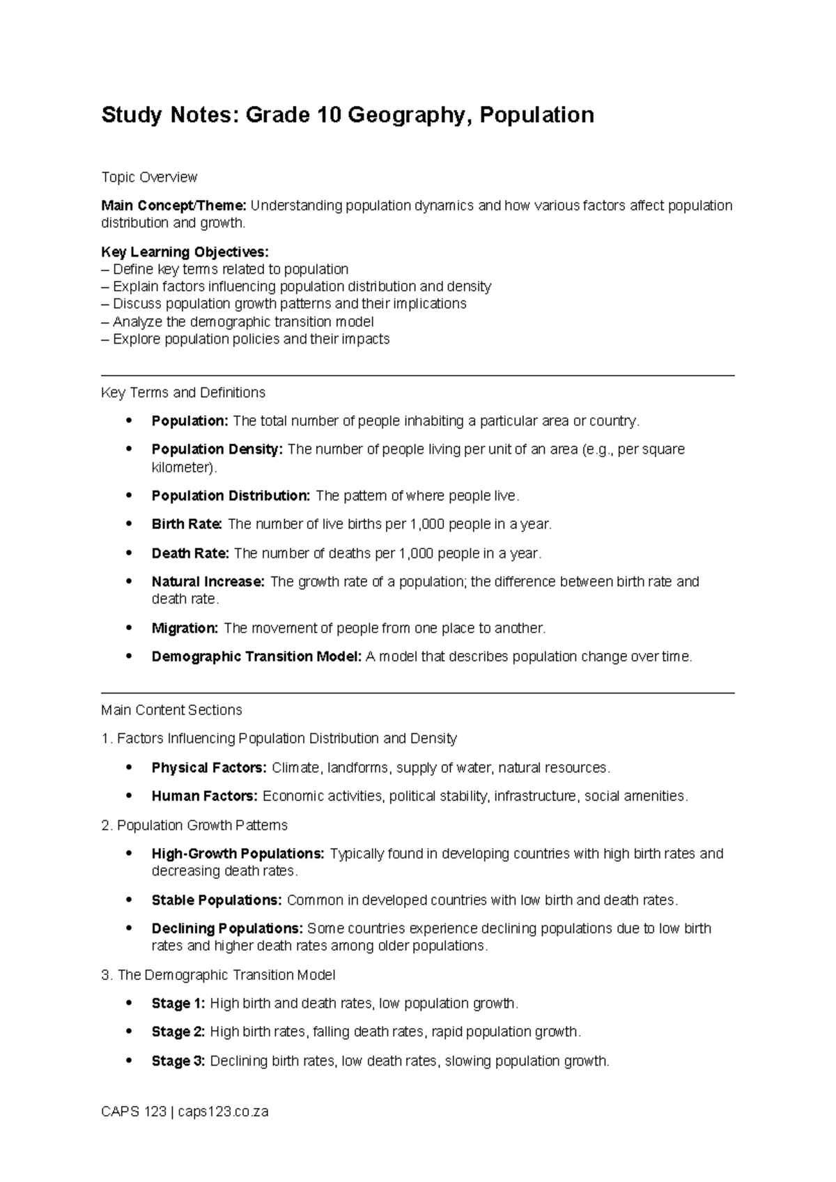 Grade 10 Geography Study Notes: Population Dynamics Overview - Studocu