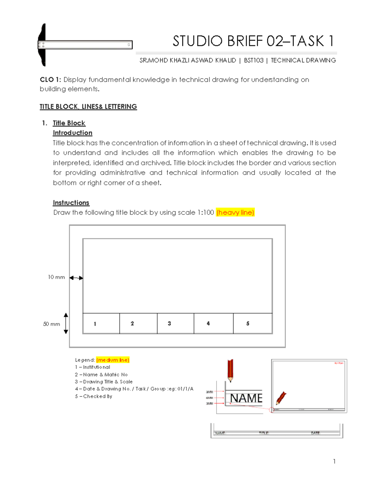 BST103 Technical Drawing: Studio Brief 02 - Title Block & Lines - Studocu