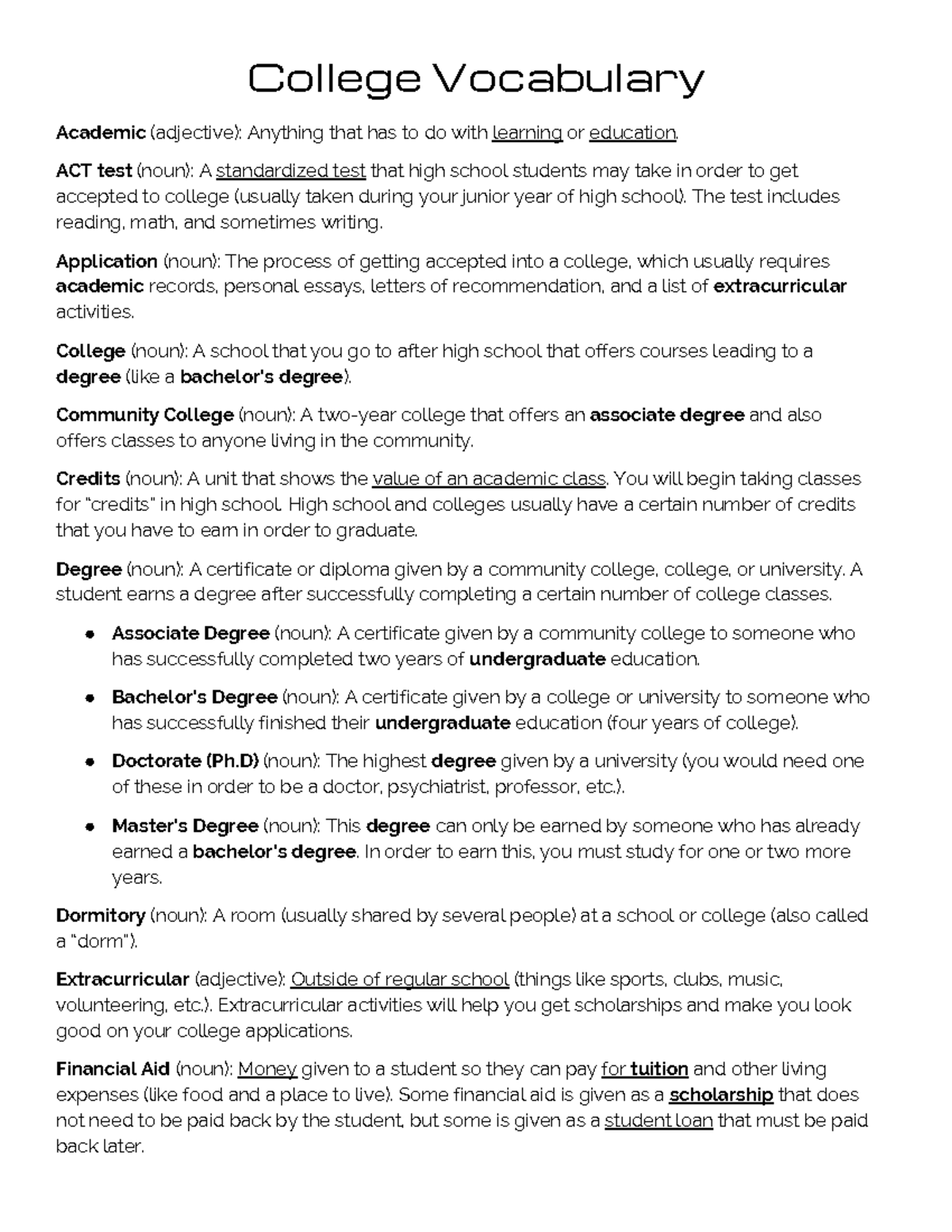 College Vocabulary Terms for ACT Prep and Applications - Studocu