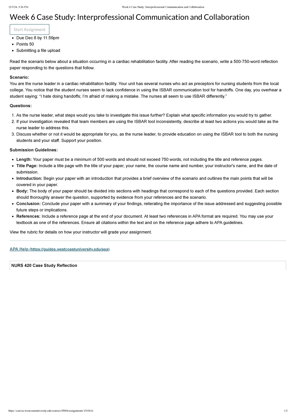 NURS 420 Week 6 Case Study: Enhancing ISBAR Communication in Nursing ...