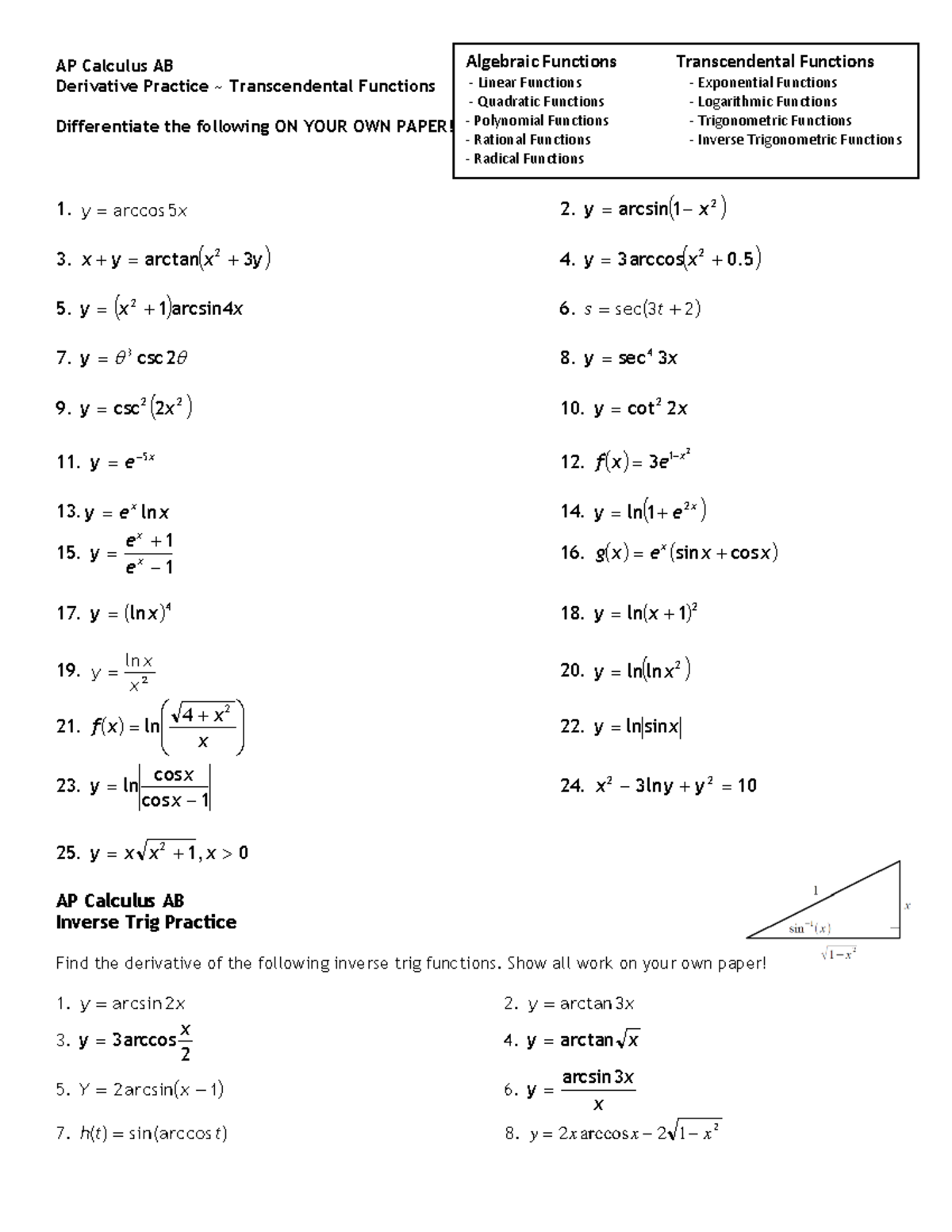 AP Calculus AB Derivative Practice: Transcendental Functions - Studocu