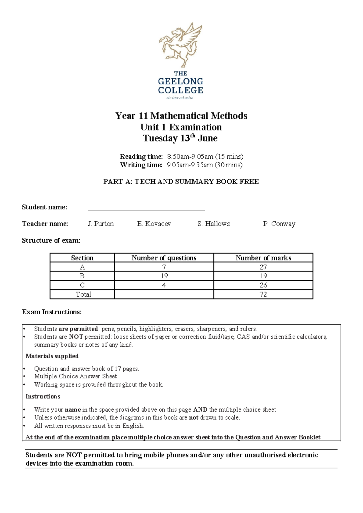 11 MM TGC Sem 1 Exam 1 2023 formatted - Year 11 Mathematical Methods ...