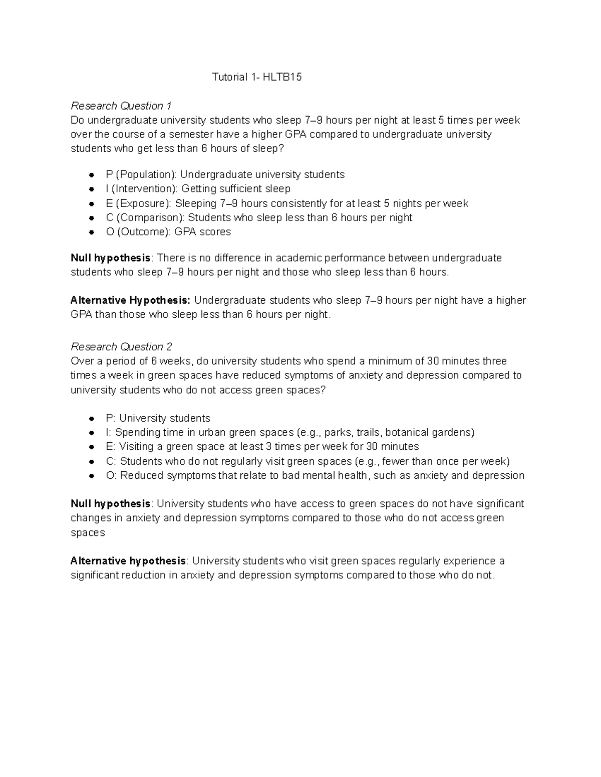 Tutorial 1 - HLTB15: Research on Sleep, GPA, and Mental Health - Studocu