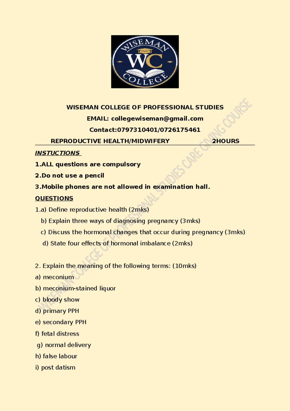 Final Qualifying EXAM: Reproductive Health Instructions & Questions ...