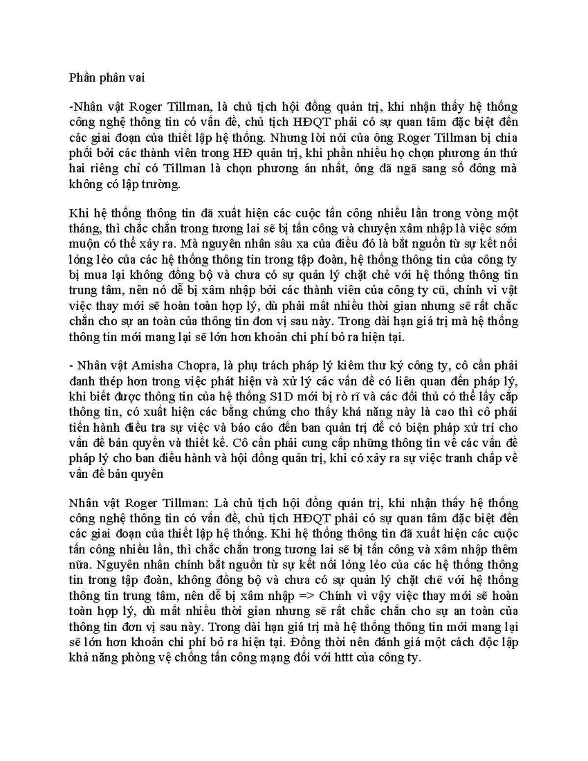 Chương 1 - Phân Vai của Roger Tillman và Amisha Chopra - Studocu